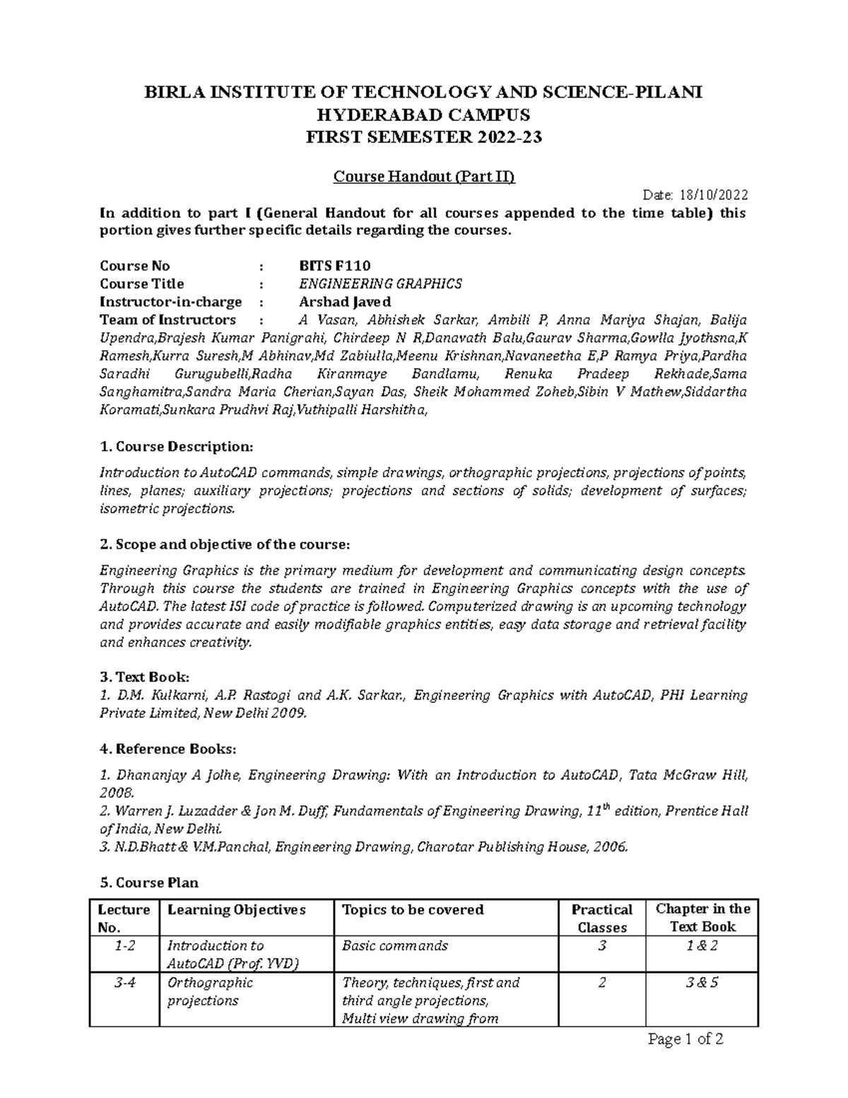 BITS F110 Engineering Graphics Handout - BIRLA INSTITUTE OF TECHNOLOGY AND SCIENCE-PILANI ...
