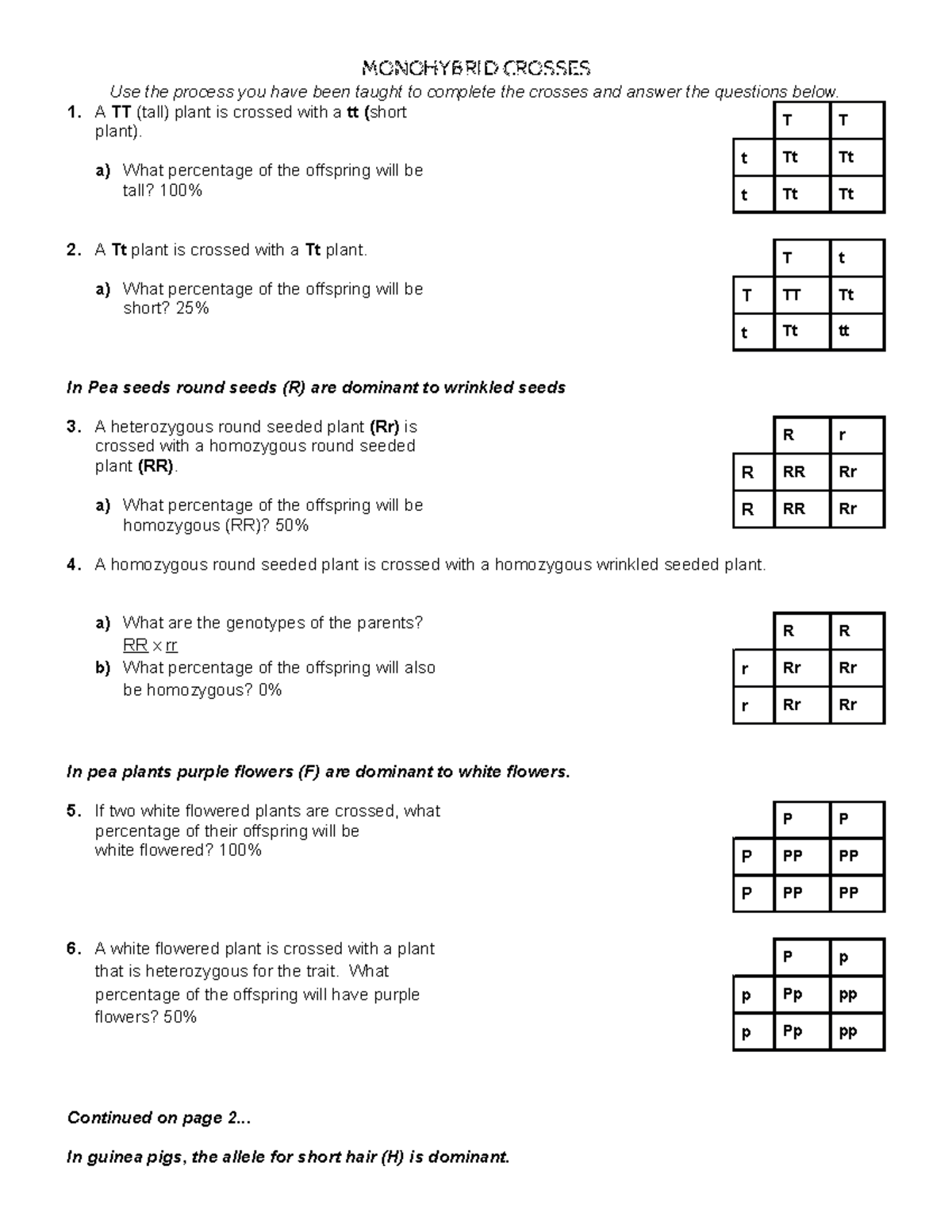 Monohybrid Cross box equation Problems - MONOHYBRID CROSSES Use the ...