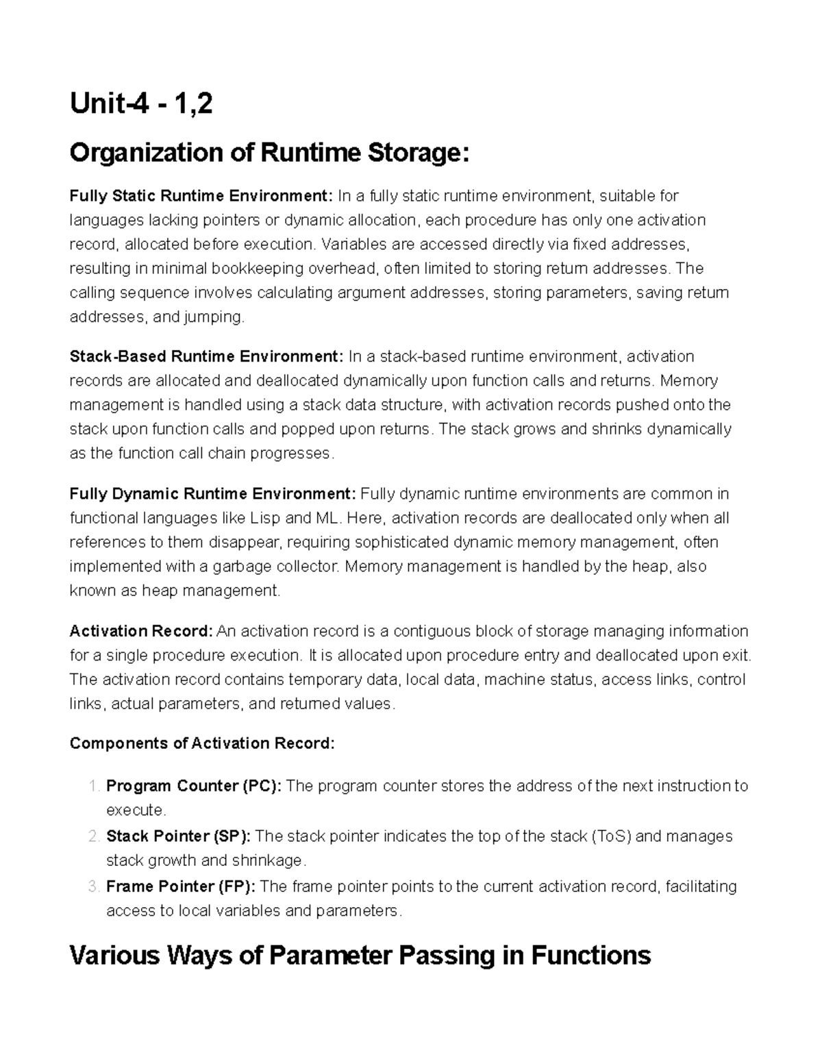 Unit-4 - 1,2 - eeww - Unit-4 - 1, Organization of Runtime Storage: Fully Static Runtime ...