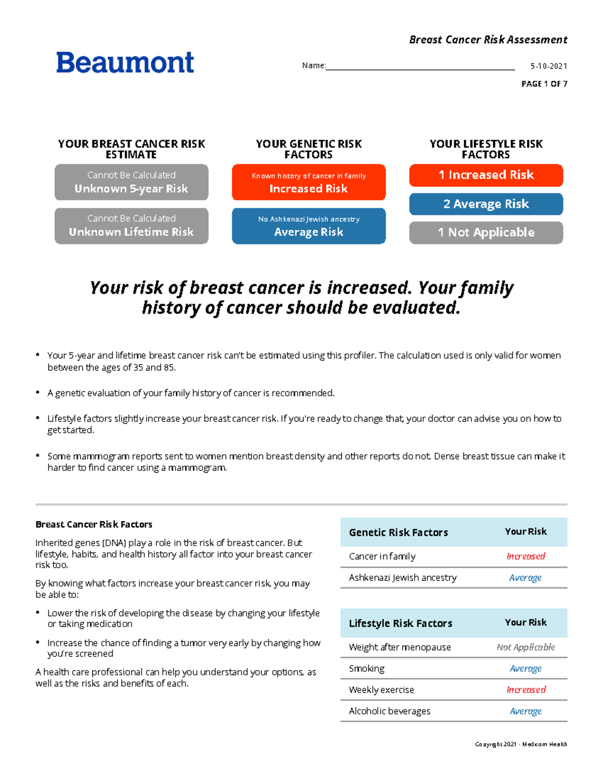 Report - Name: 5-10- PAGE 1 OF 7 YOUR BREAST CANCER RISK ESTIMATE ...