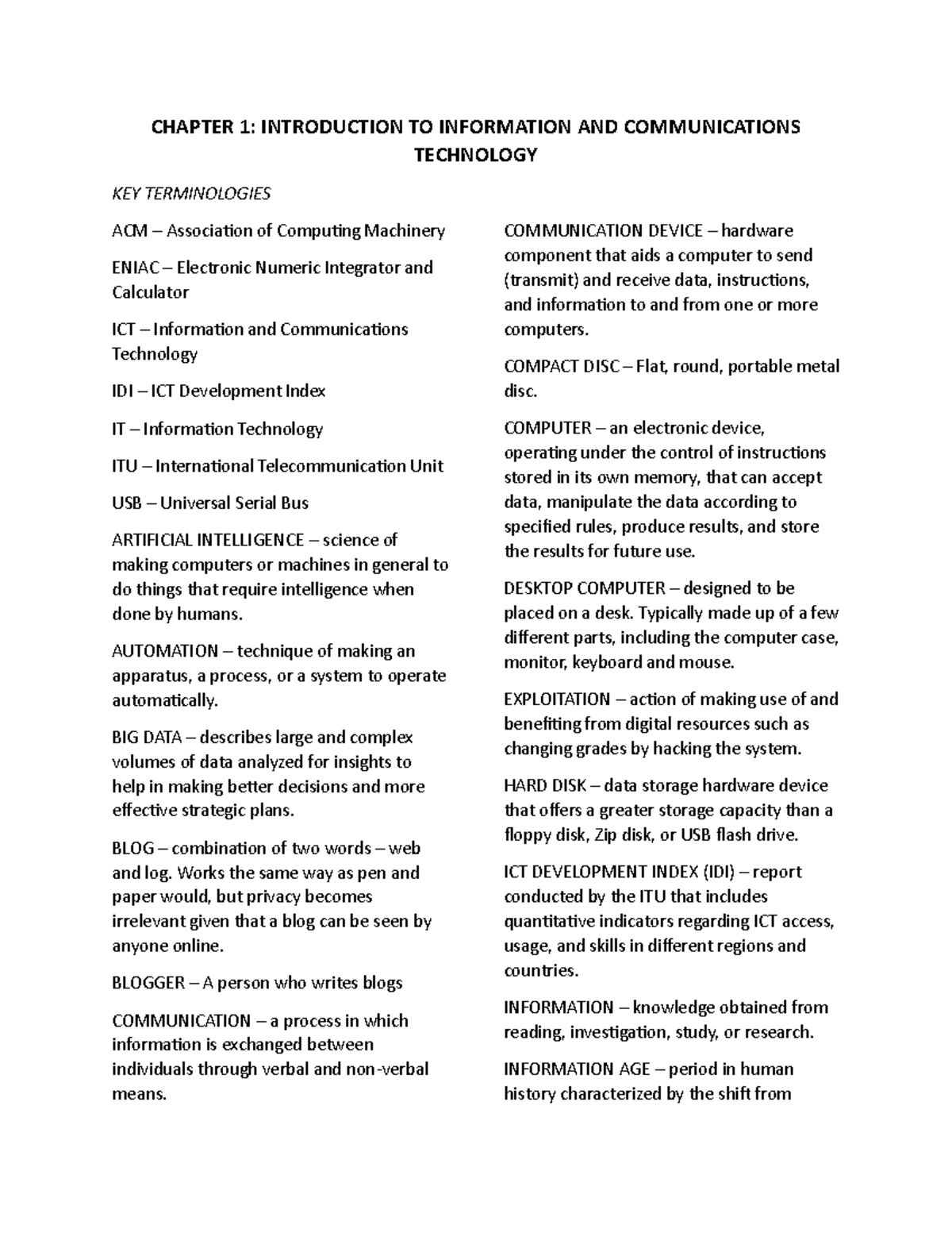 CH1-CH3 Reviewer - CHAPTER 1: INTRODUCTION TO INFORMATION AND ...