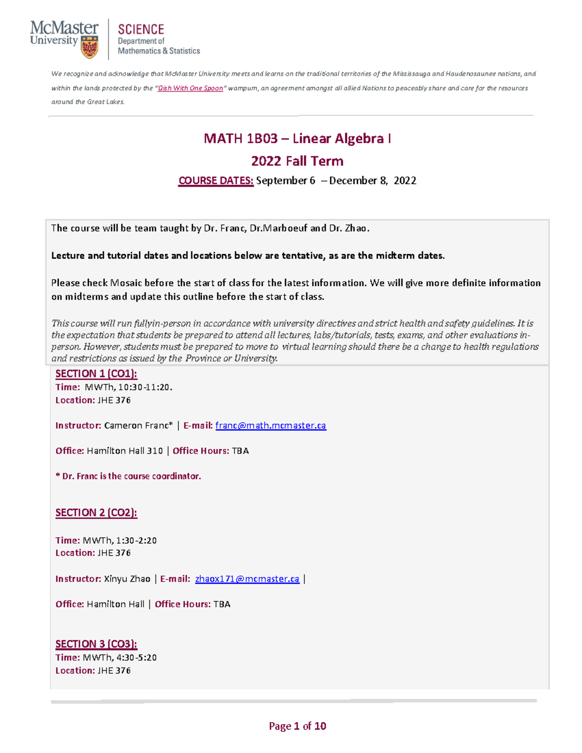 MATH-1B03-T1 - MATH-1B03 Outline - We recognize and acknowledge that McMaster University meets ...