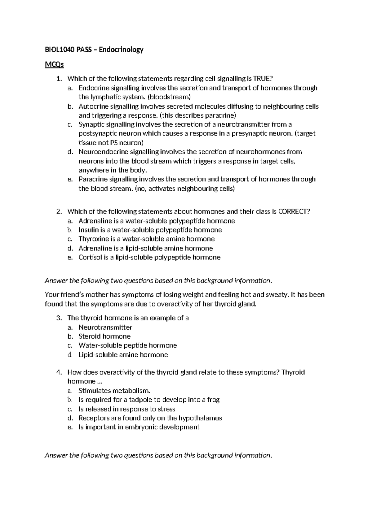 M6 - Worksheet 1 Qs - notes - BIOL1040 PASS – Endocrinology MCQs 1 ...