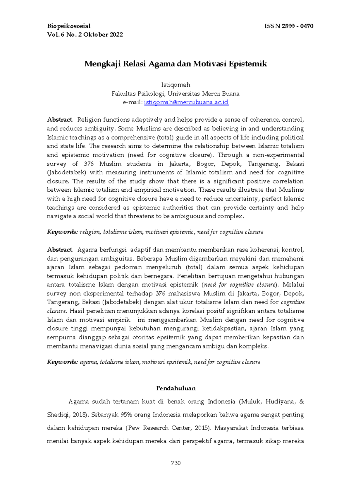 Mengkaji Relasi Agama DAN Motivasi Epistemik - Vol. 6 No. 2 Oktober ...
