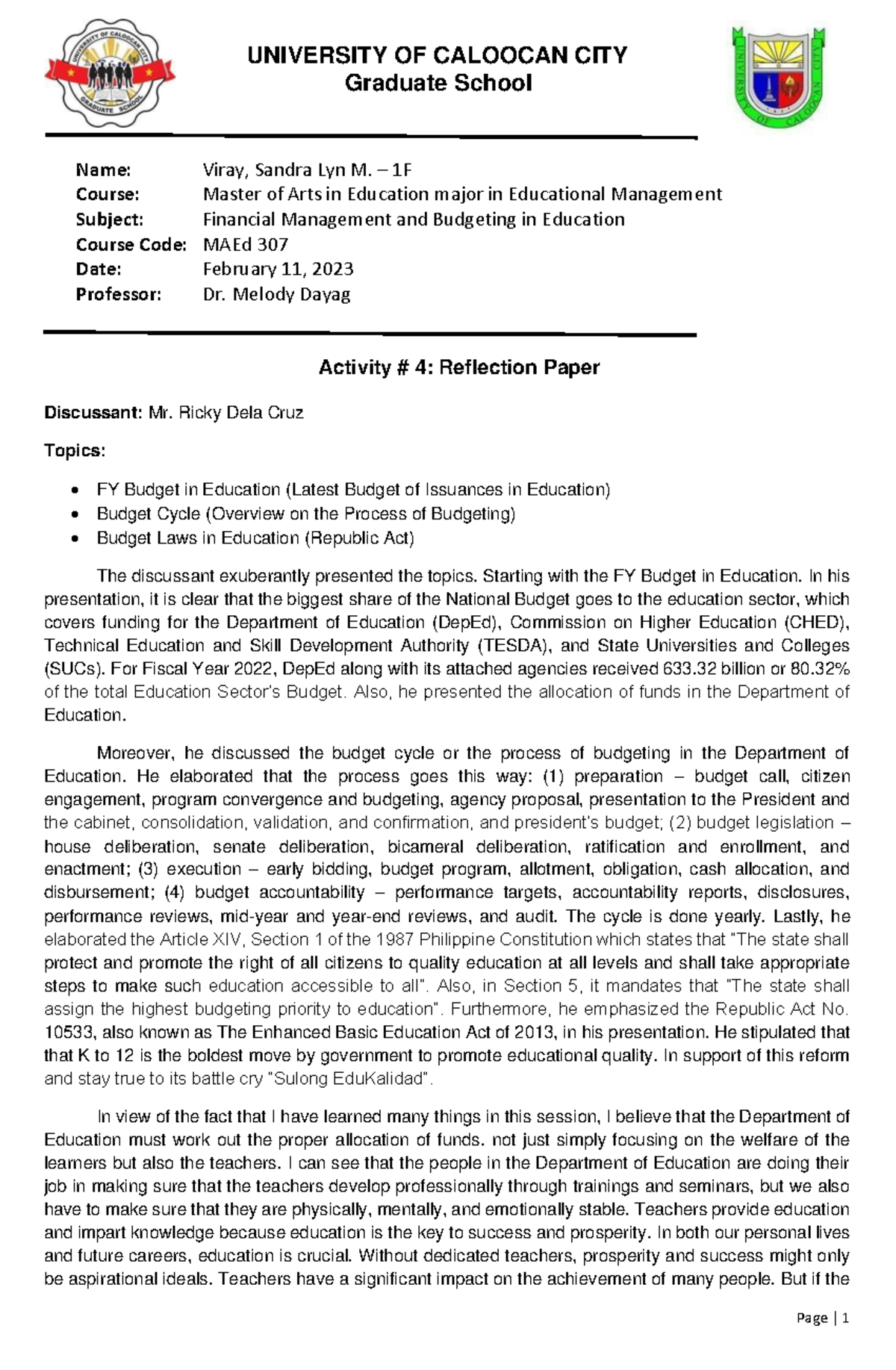 FINANCIAL MANAGEMENT - Page | 1 UNIVERSITY OF CALOOCAN CITY Graduate ...