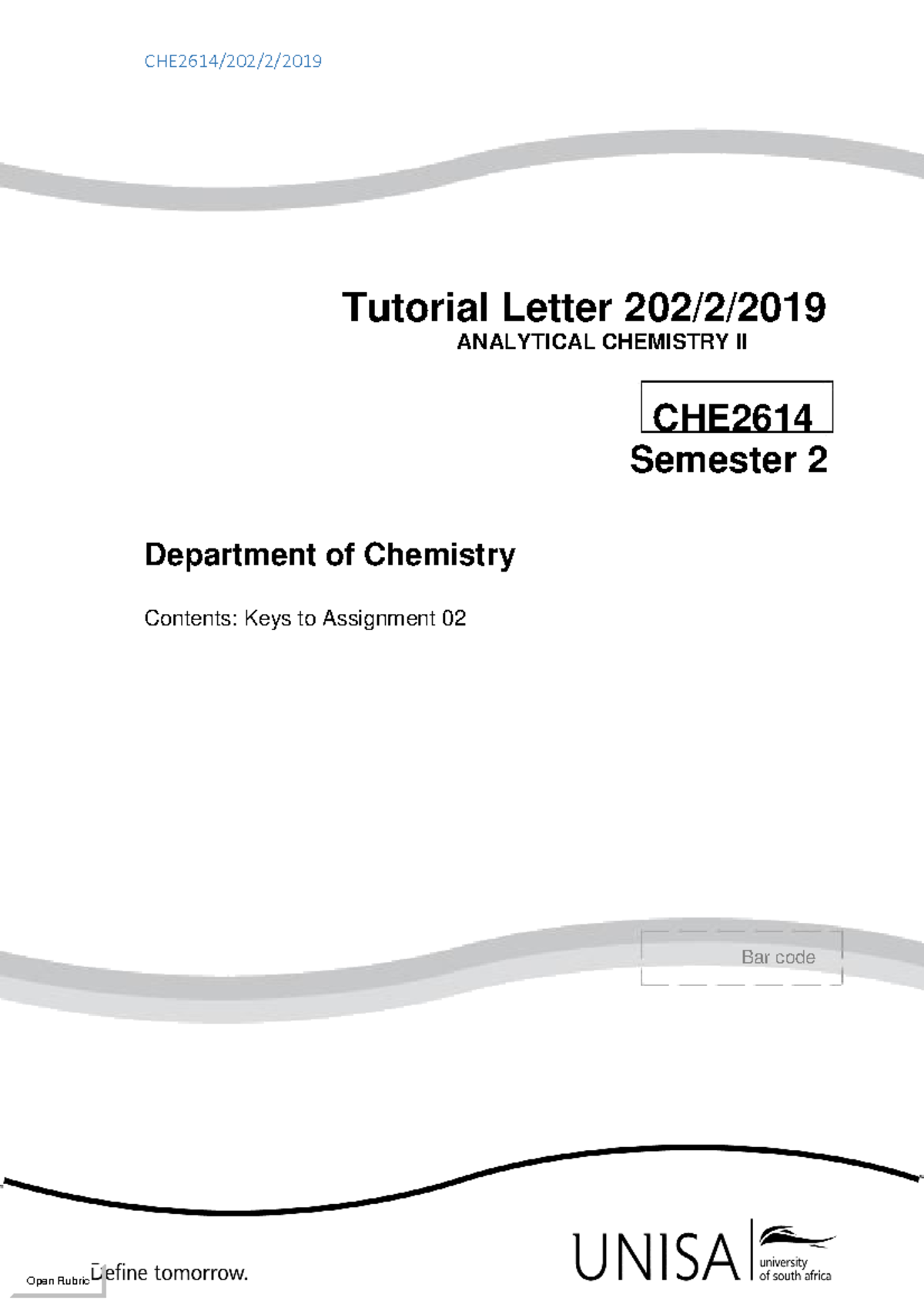 CHE2614 TL202S22019 - CHEMISTRY SECOND YEAR - CHE2614/202/2/ Tutorial ...