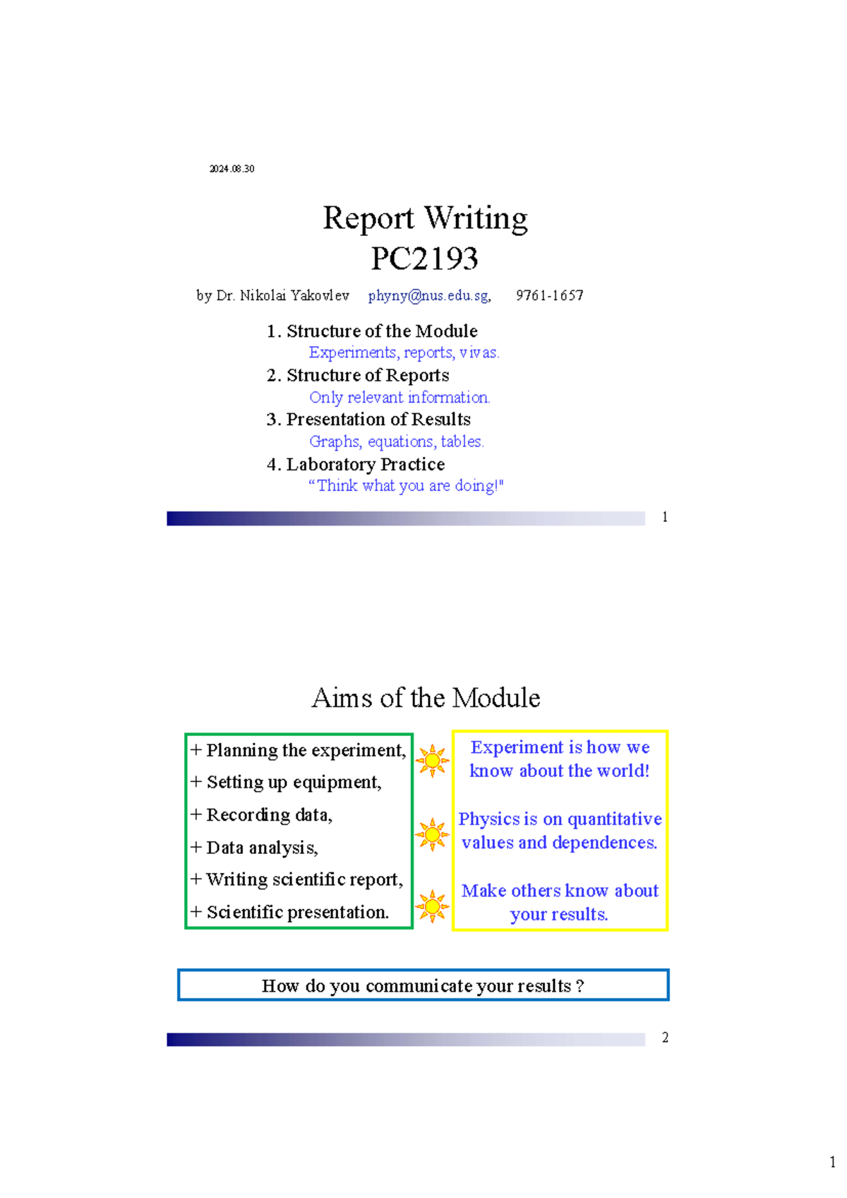 PC2193 Lecture 3-reports - 1 Report Writing PC 1. Structure of the ...