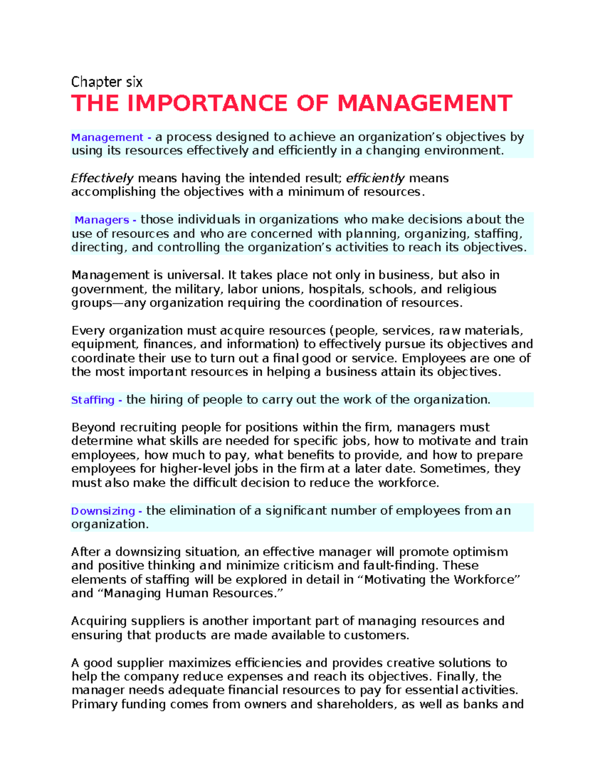 Chapter six - Summary - Chapter six THE IMPORTANCE OF MANAGEMENT ...
