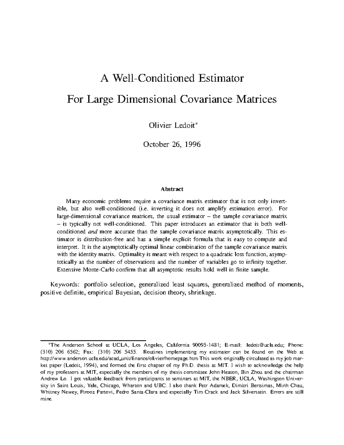 A Well Conditioned Estimator For Large Dimensional Covariance Matrices A Well Conditioned