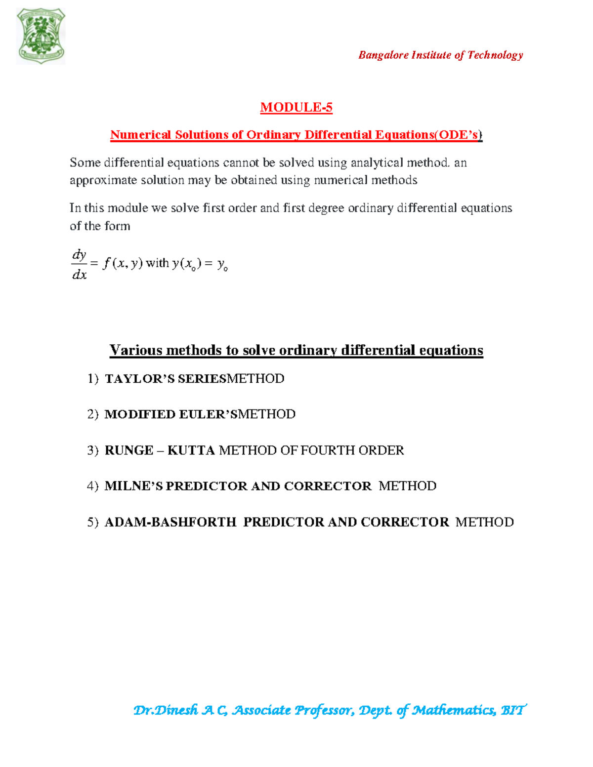 Module-5- Numerical Methods-2 - MODULE- Numerical Solutions of Ordinary Differential - Studocu