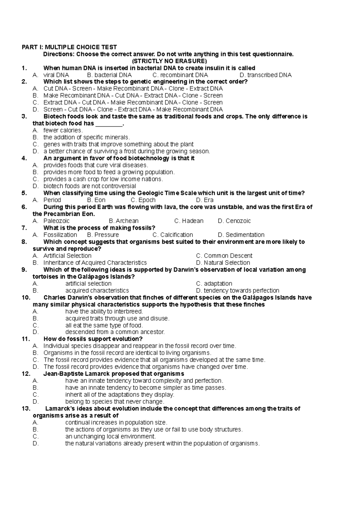 Summative test gen bio 2 m1 - PART I: MULTIPLE CHOICE TEST Directions ...