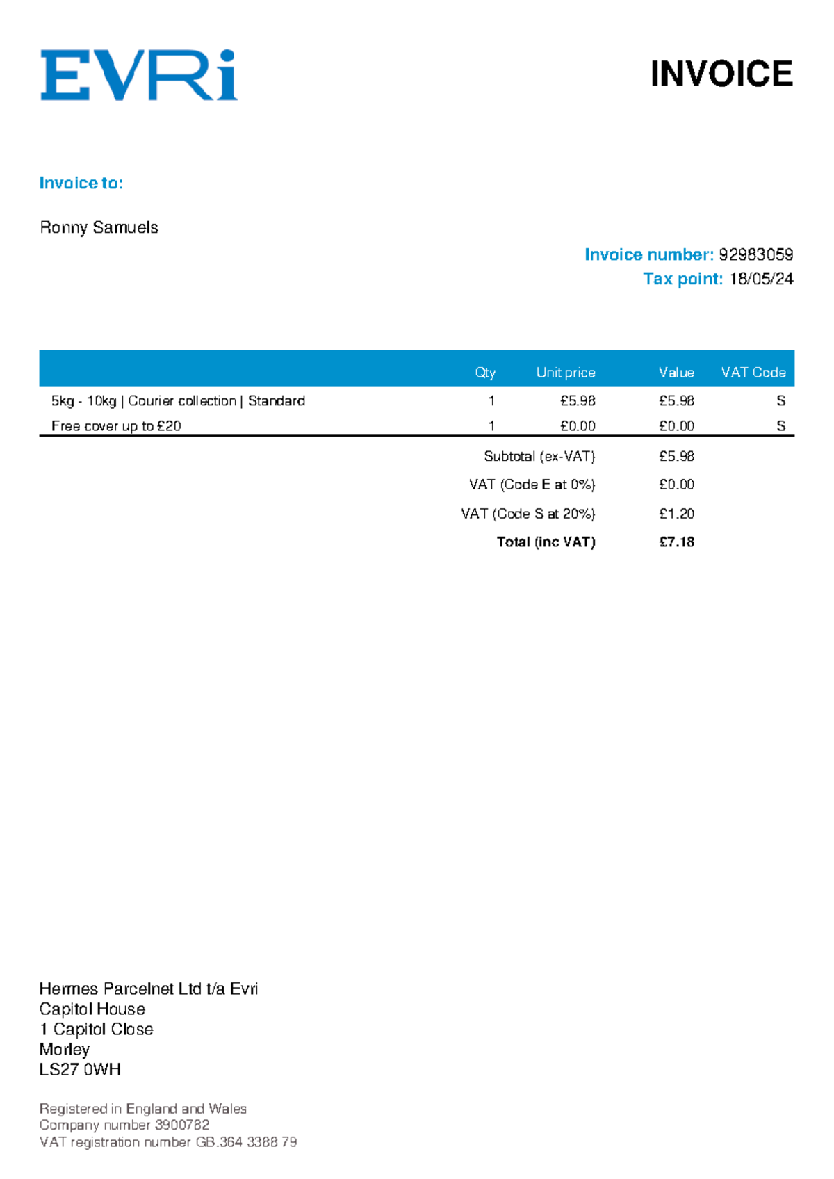 Evri-invoice-92983059 - INVOICE Invoice to: Ronny Samuels Invoice ...