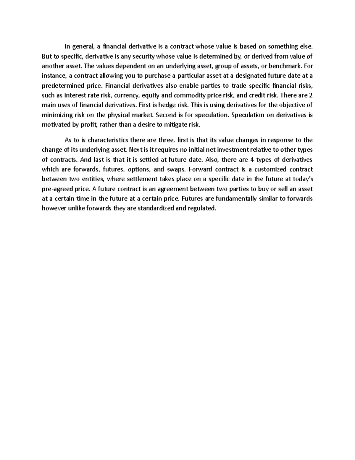 Financial Markets Financial Derivatives Summary In General A