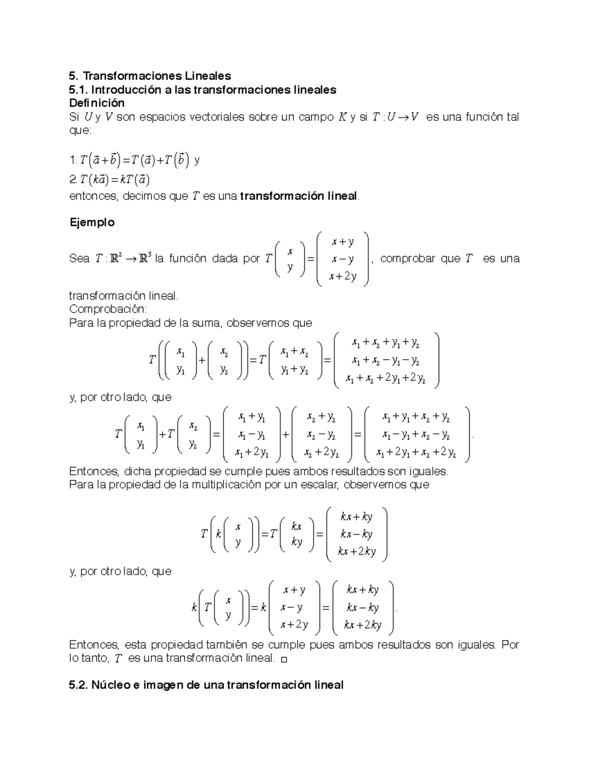 Notas de clase Tema 5 - 5. Transformaciones Lineales 5. Introducción a ...