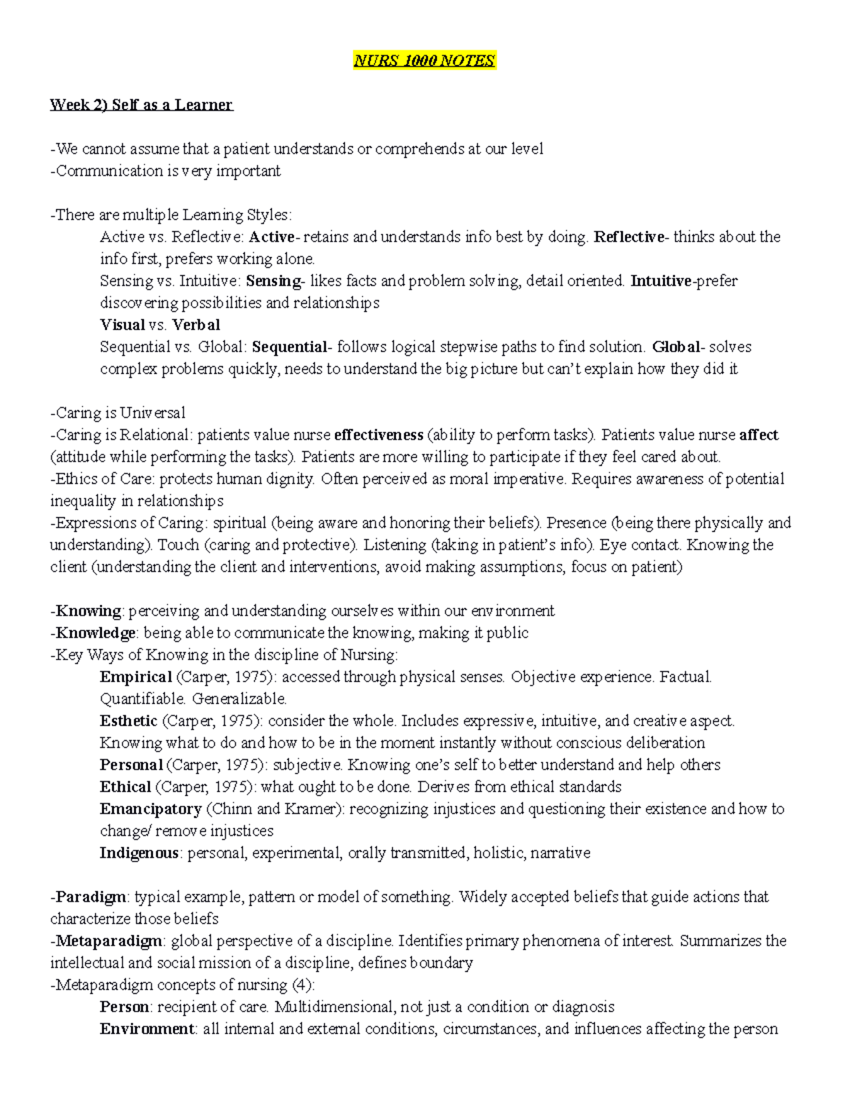 NURS 1000 Notes - Introduction to self as healthy individual, as ...