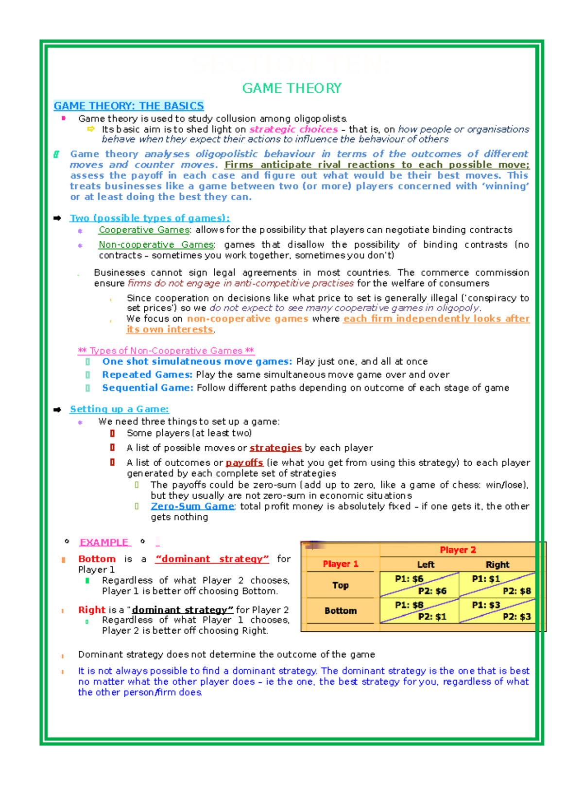 Section TEN - Lecture notes Week 10 - SECTION TEN: GAME THEORY GAME ...