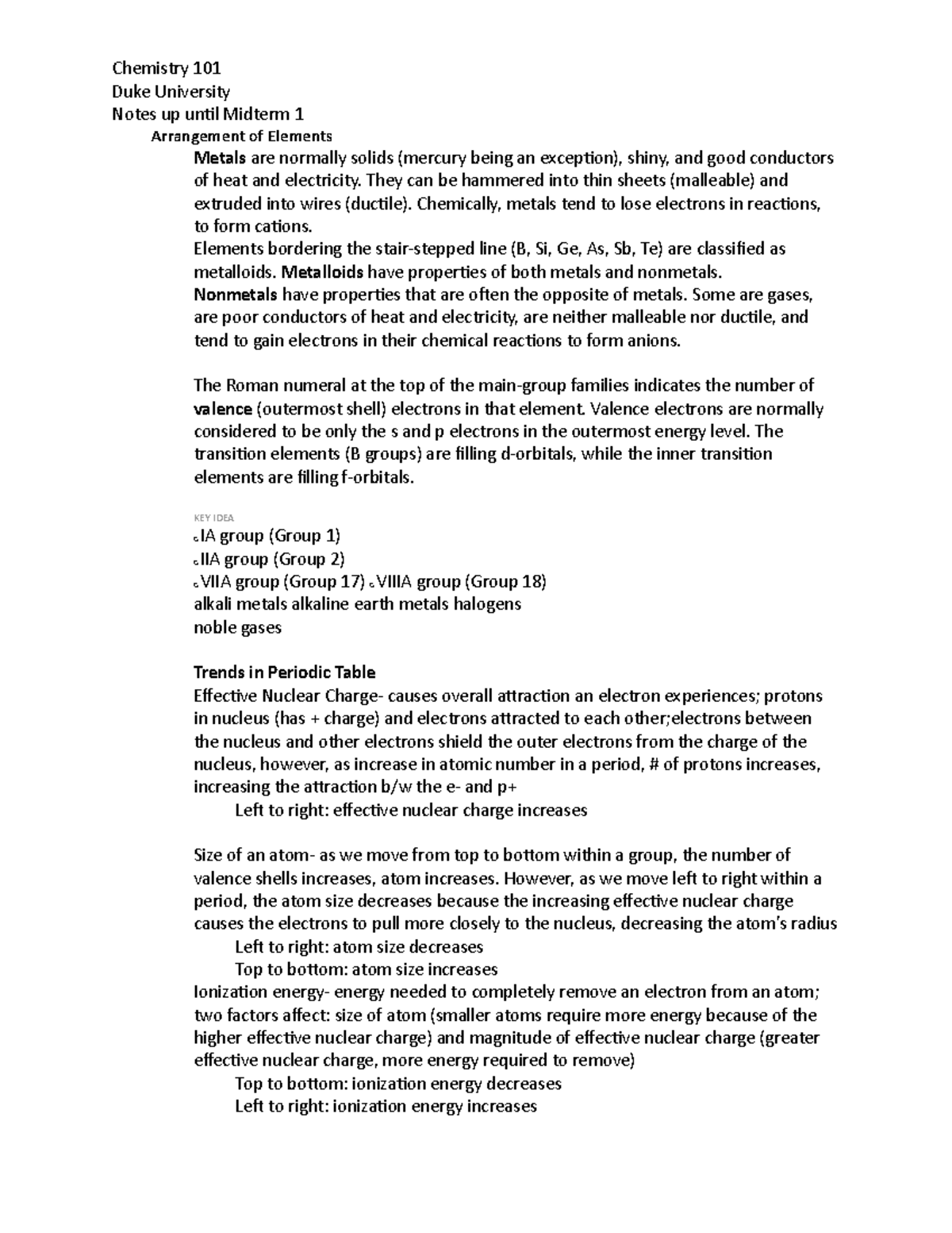 Chemistry 101 Duke University Notes up until Midterm 1 Fall 2015 ...