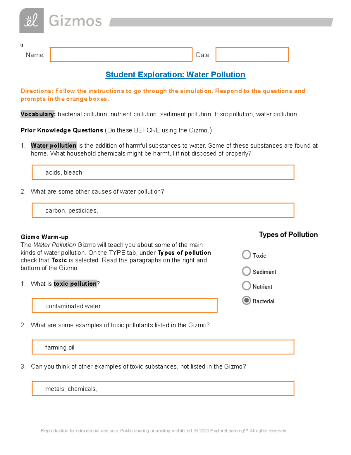 Copy of Water Pollution SE - g Name: Date: Student Exploration: Water ...