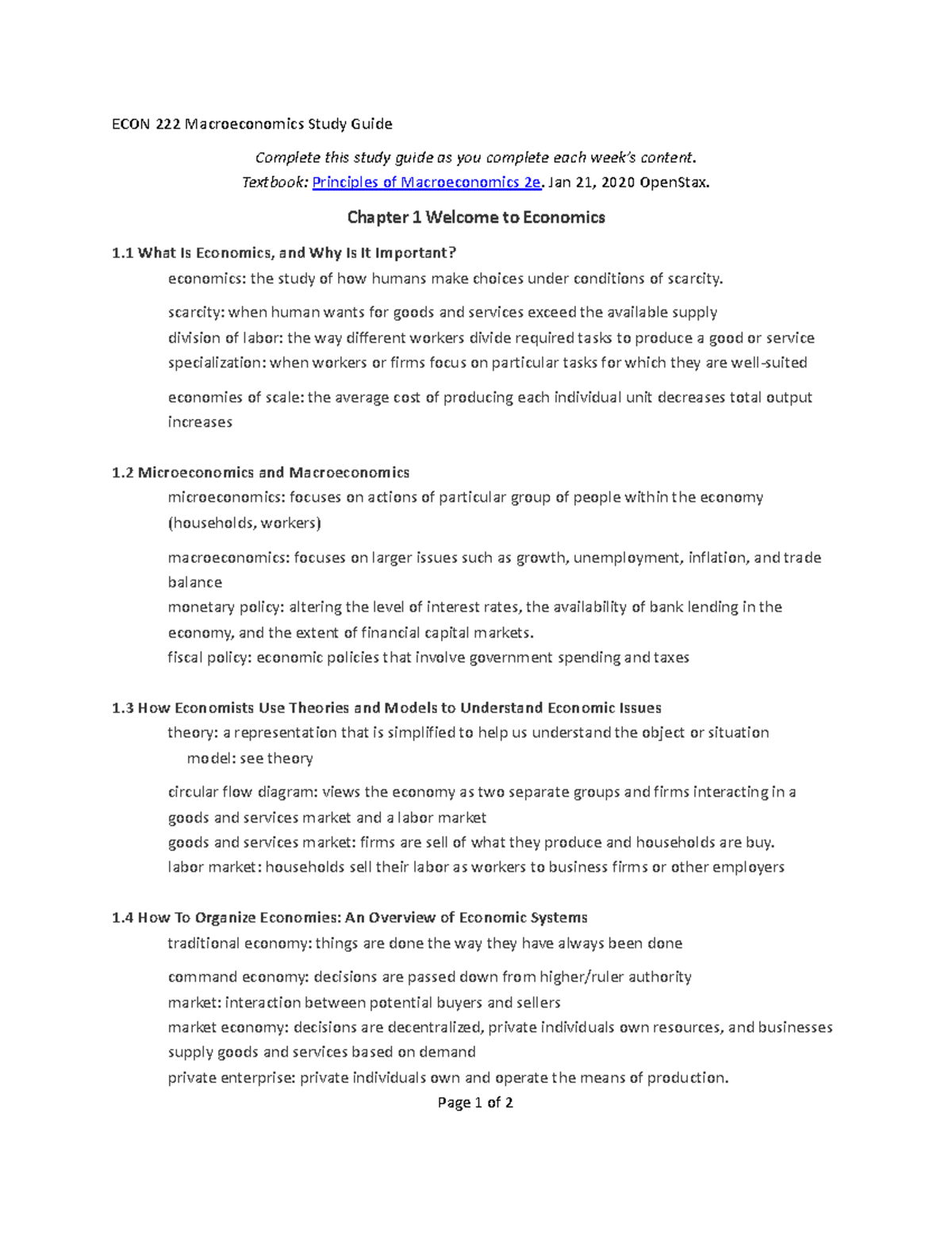 ECON week 1 study guide - ECON 222 Macroeconomics Study Guide Complete ...