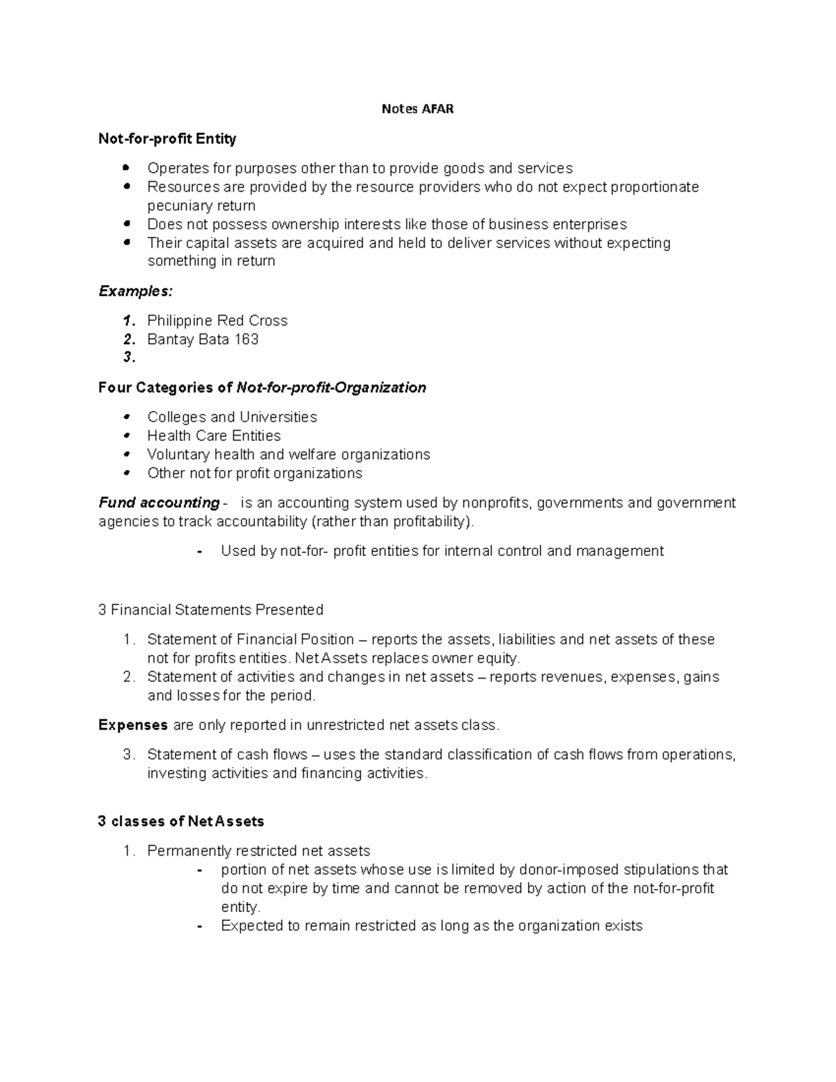 Notes AFAR - Notes AFAR Not-for-profit Entity Operates for purposes ...