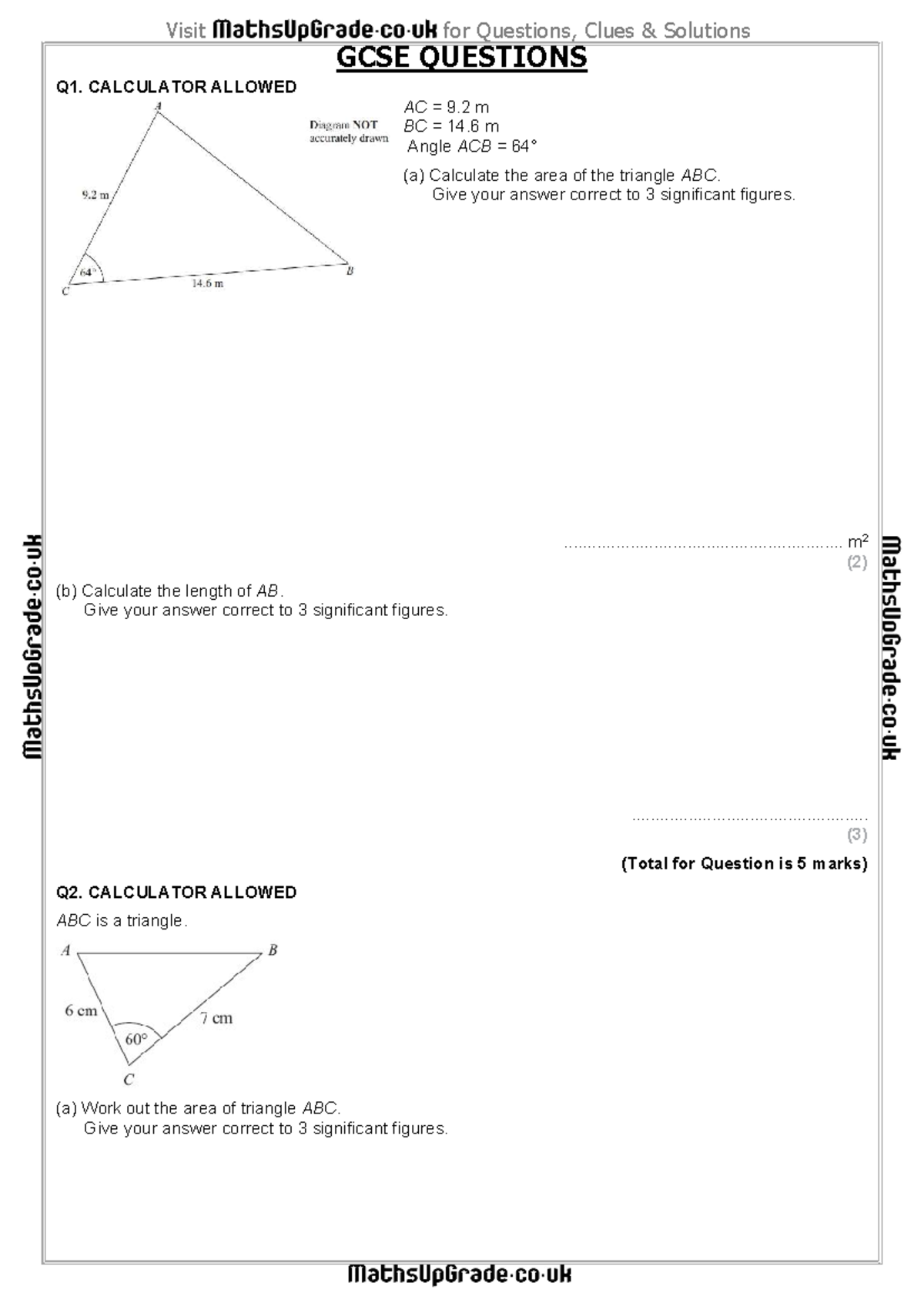 Advanced area of triangle 1 - Q1. CALCULATOR ALLOWED AC = 9 m BC = 14 m ...