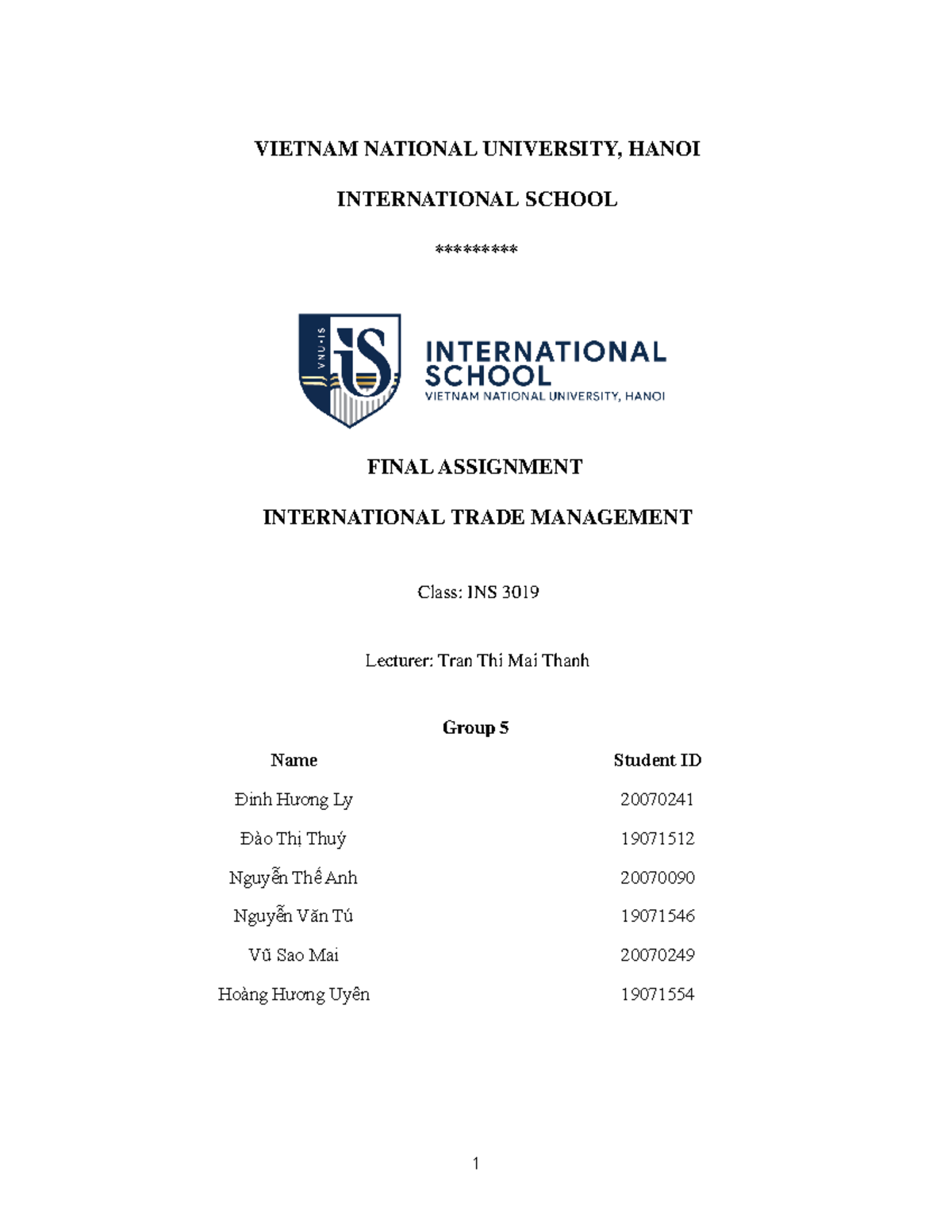 INS3019 Group 5 Tran Thi Mai Thanh - VIETNAM NATIONAL UNIVERSITY, HANOI INTERNATIONAL SCHOOL ...