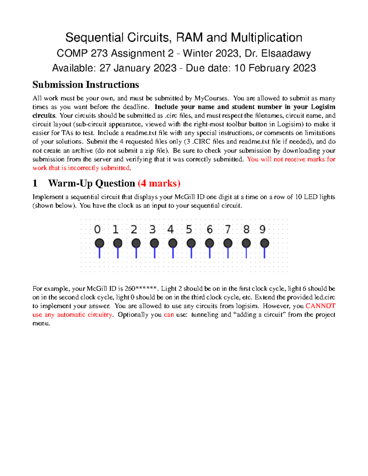 COMP273 A2 - A2 outline - Sequential Circuits, RAM and Multiplication ...