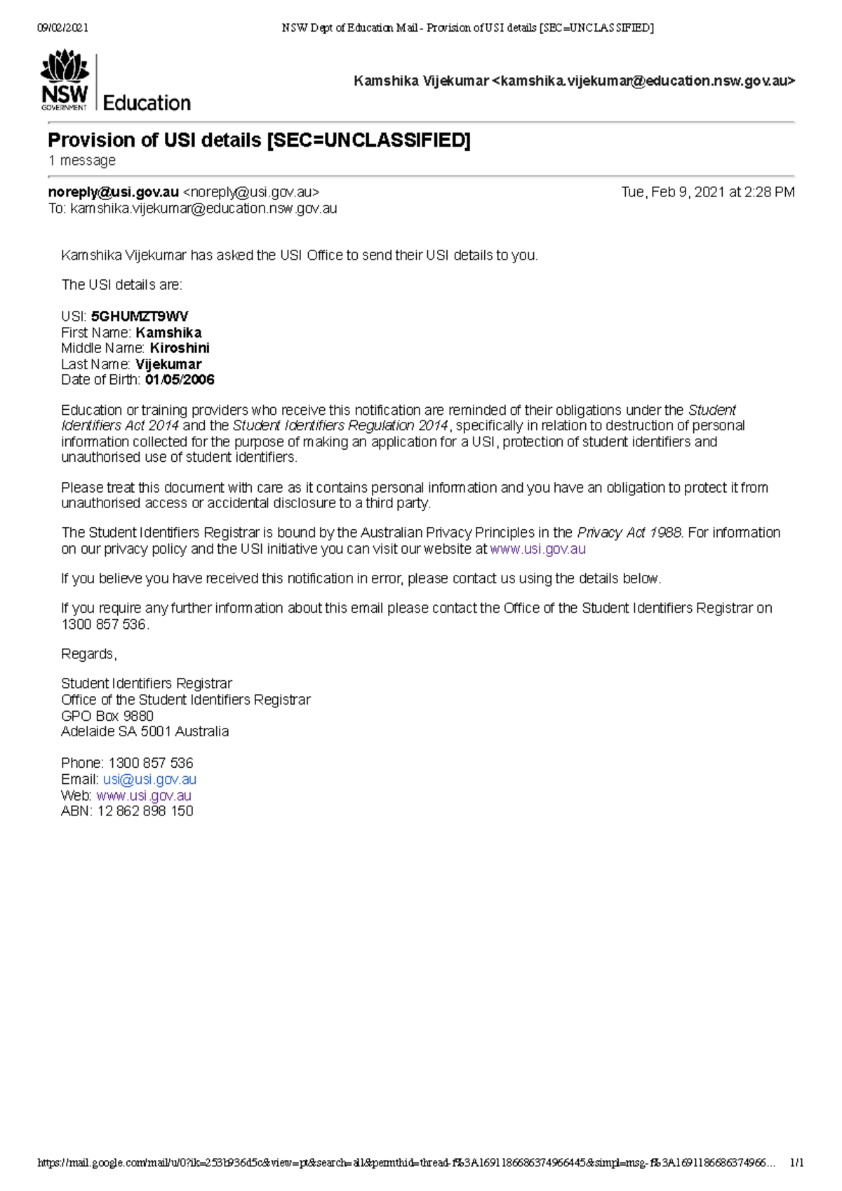 USI number - Workbook - 09/02/2021 NSW Dept of Education Mail ...