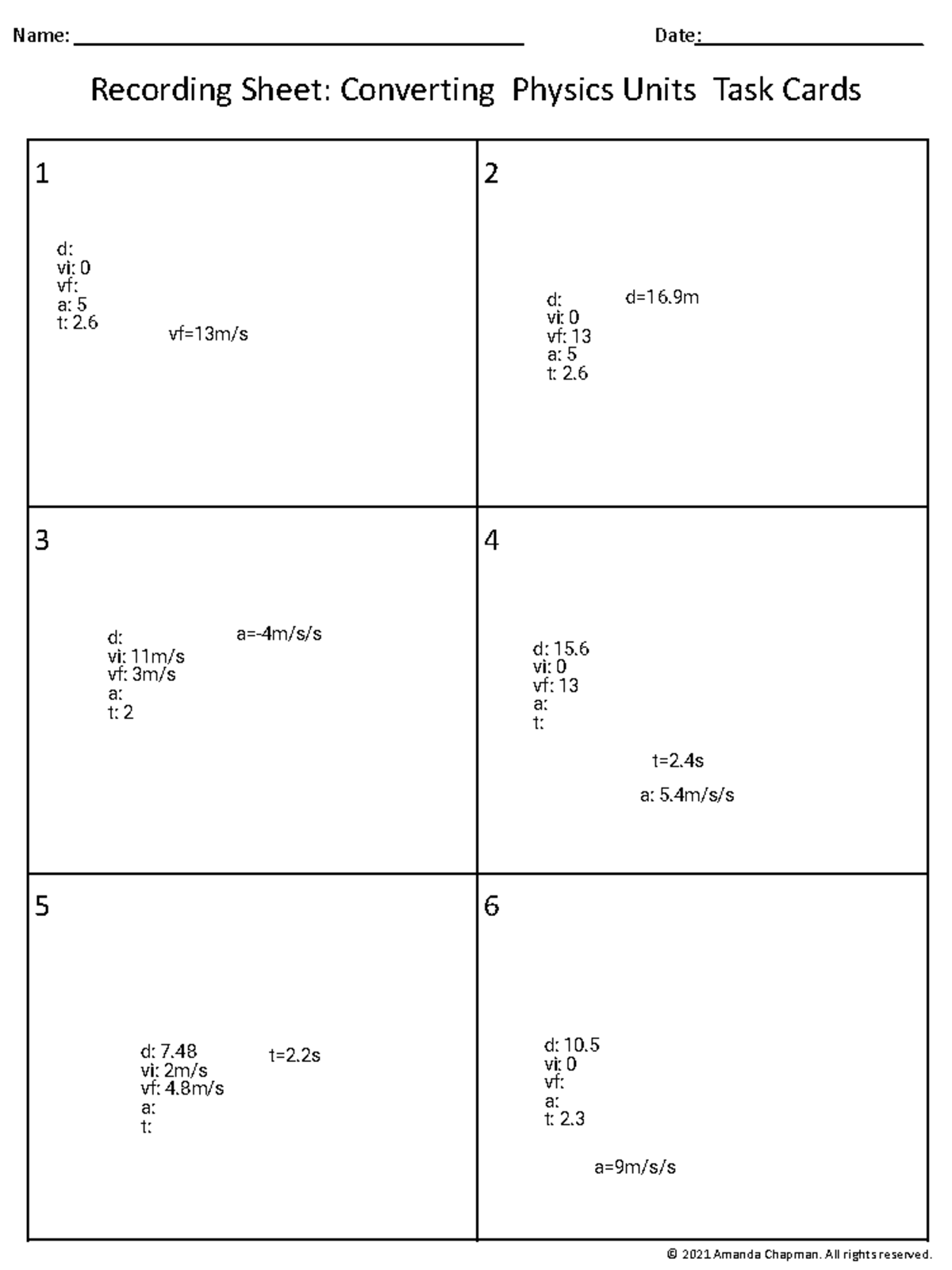 Big 4 Kinematic Equations in 1 Dimension Practice Activity GC - Name ...