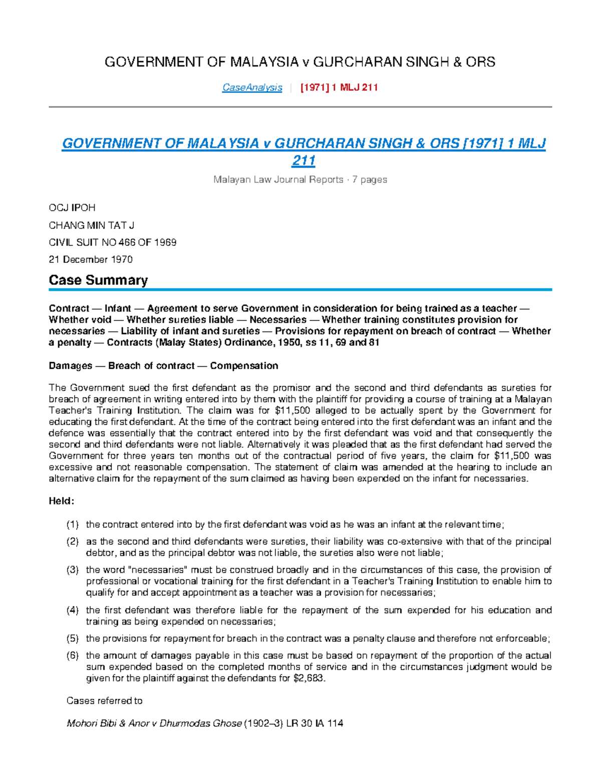 Government OF Malaysia v Gurcharan Singh & ORS, [1971] 1 MLJ 211 - GOVERNMENT OF MALAYSIA v ...