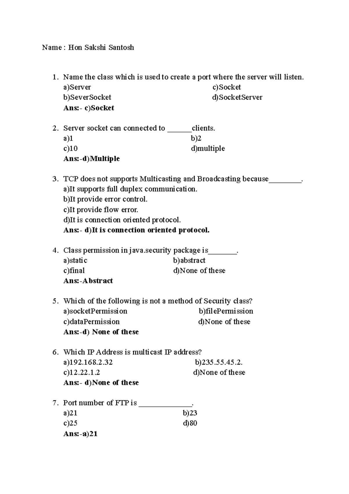MCQ-AJP - Mcq - Name : Hon Sakshi Santosh 1. Name the class which is ...