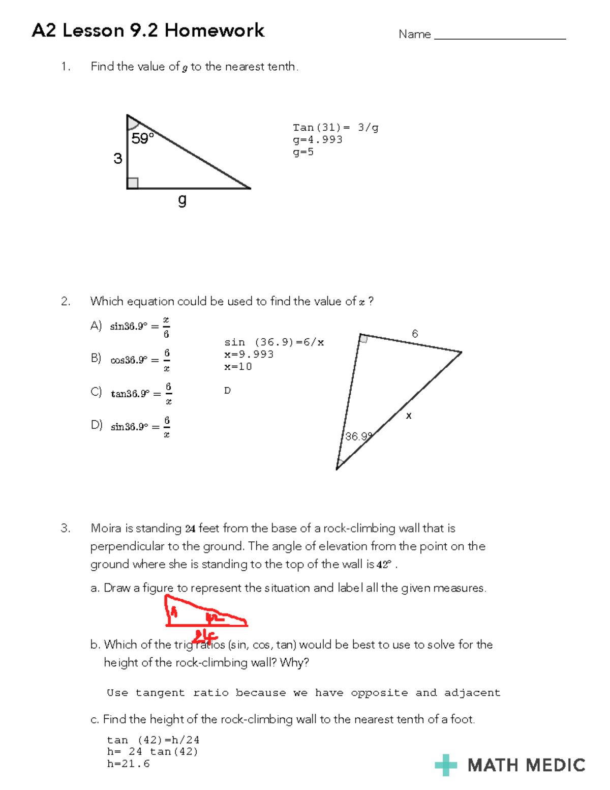 7.2 hw - work - A2 Lesson 9 Homework Name ______________________ 1. 59 ...