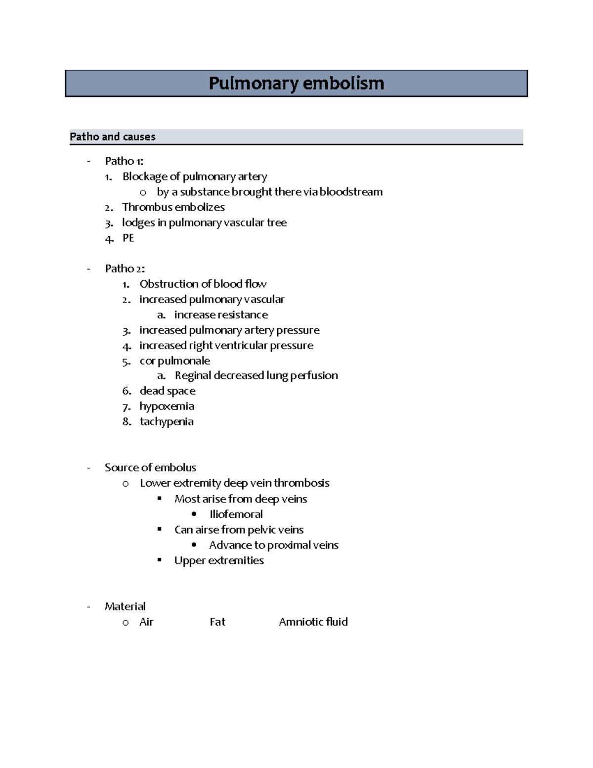Notes- PULM Embolisim - Pulmonary embolism Patho and causes Patho 1 ...