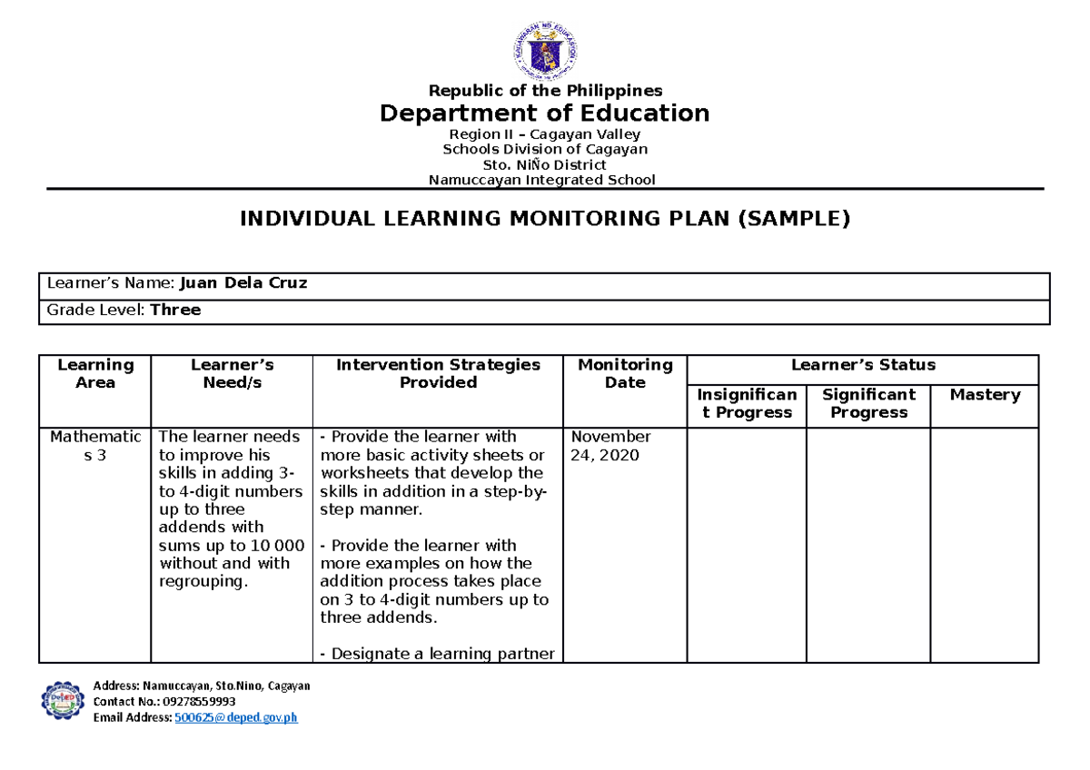 Individual learning monitoring plan - Department of Education Region II ...