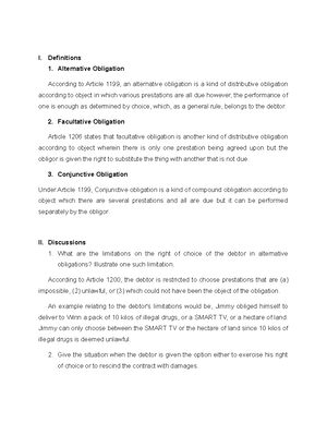 Obligations and Contracts Summary on Different Kinds of Obligation - OBLIGATIONS AND CONTRACTS ...