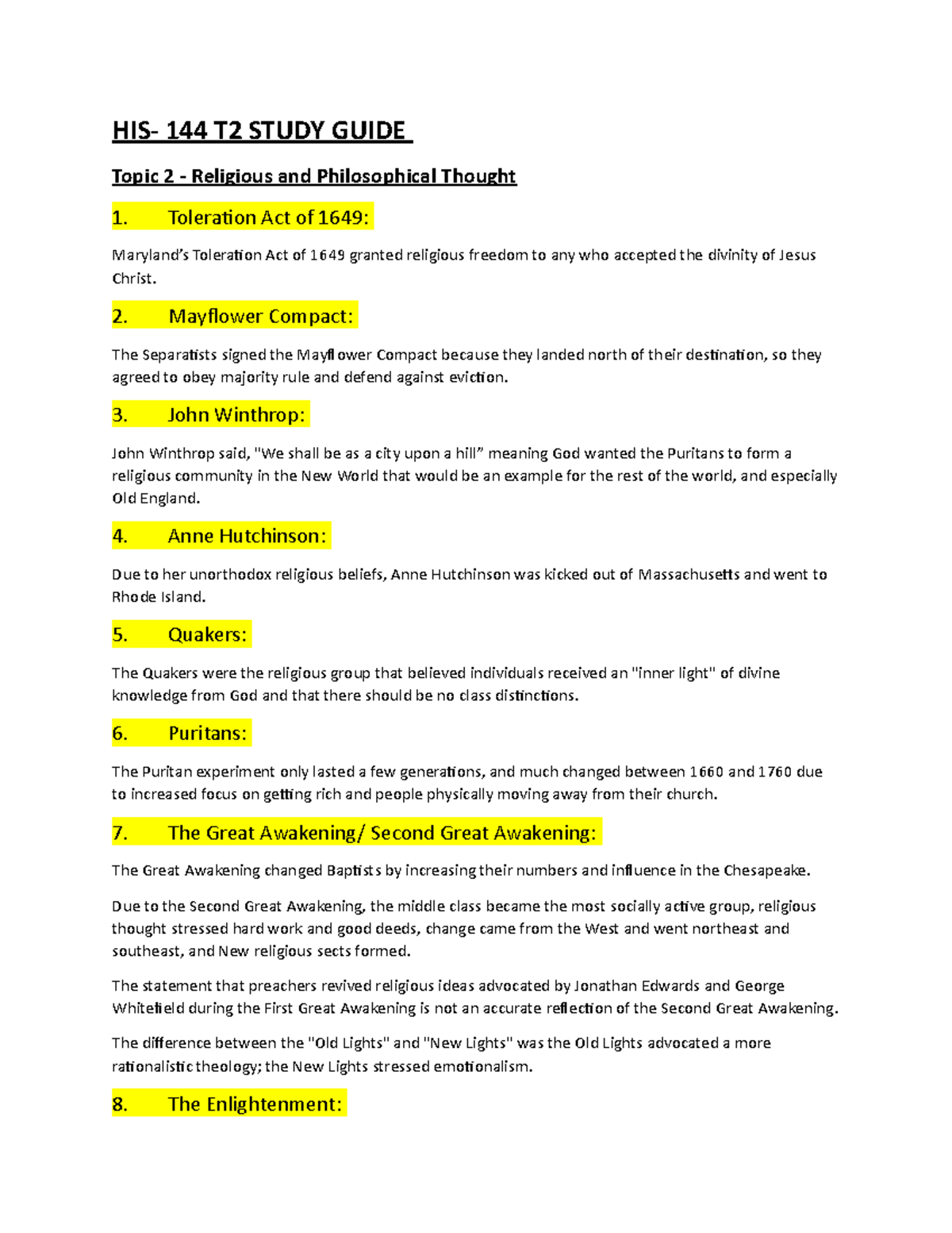 HIS- 144 T2 Study Guide - HIS- 144 T2 STUDY GUIDE Topic 2 - Religious ...