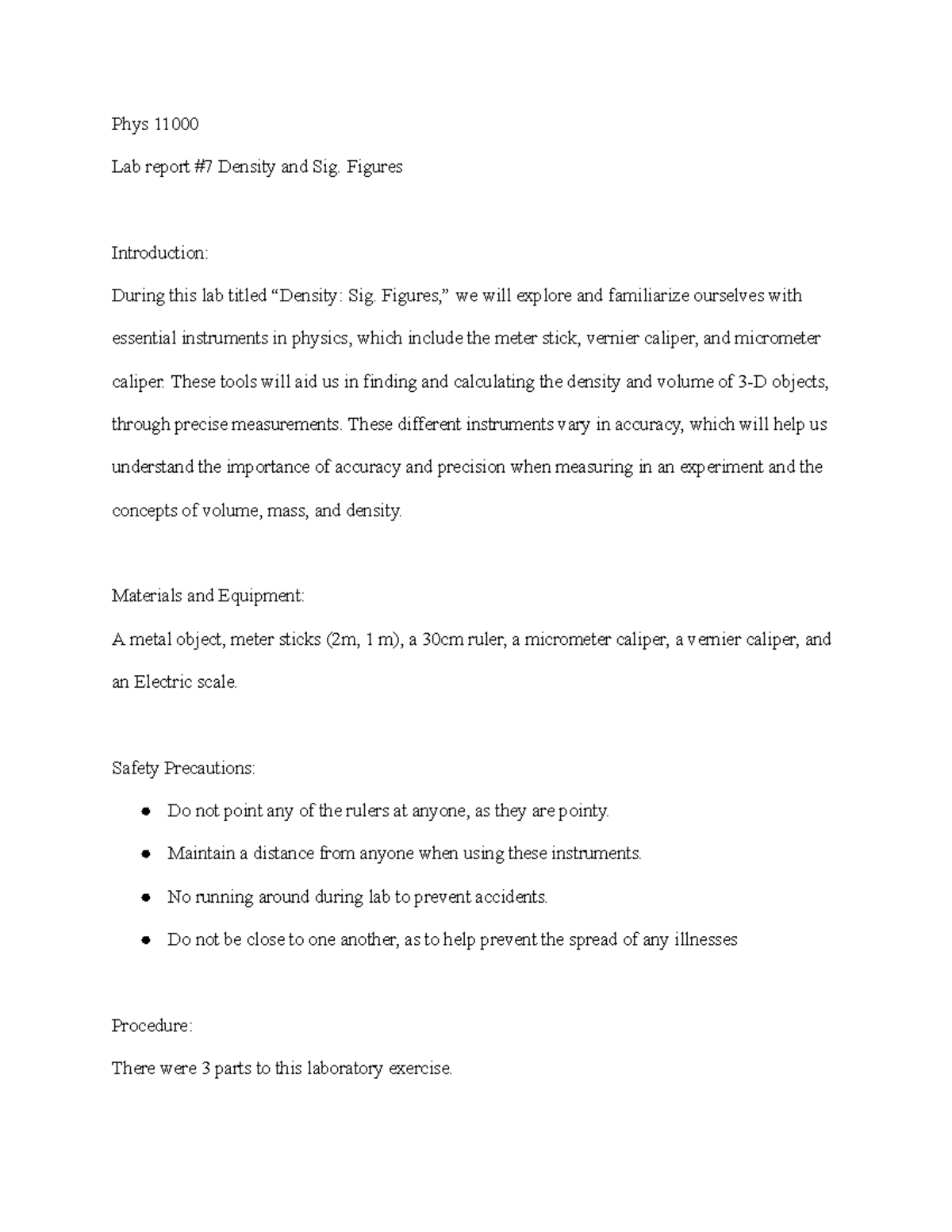 Physics Lab #7 density and sig. figures - Phys 11000 Lab report #7 ...
