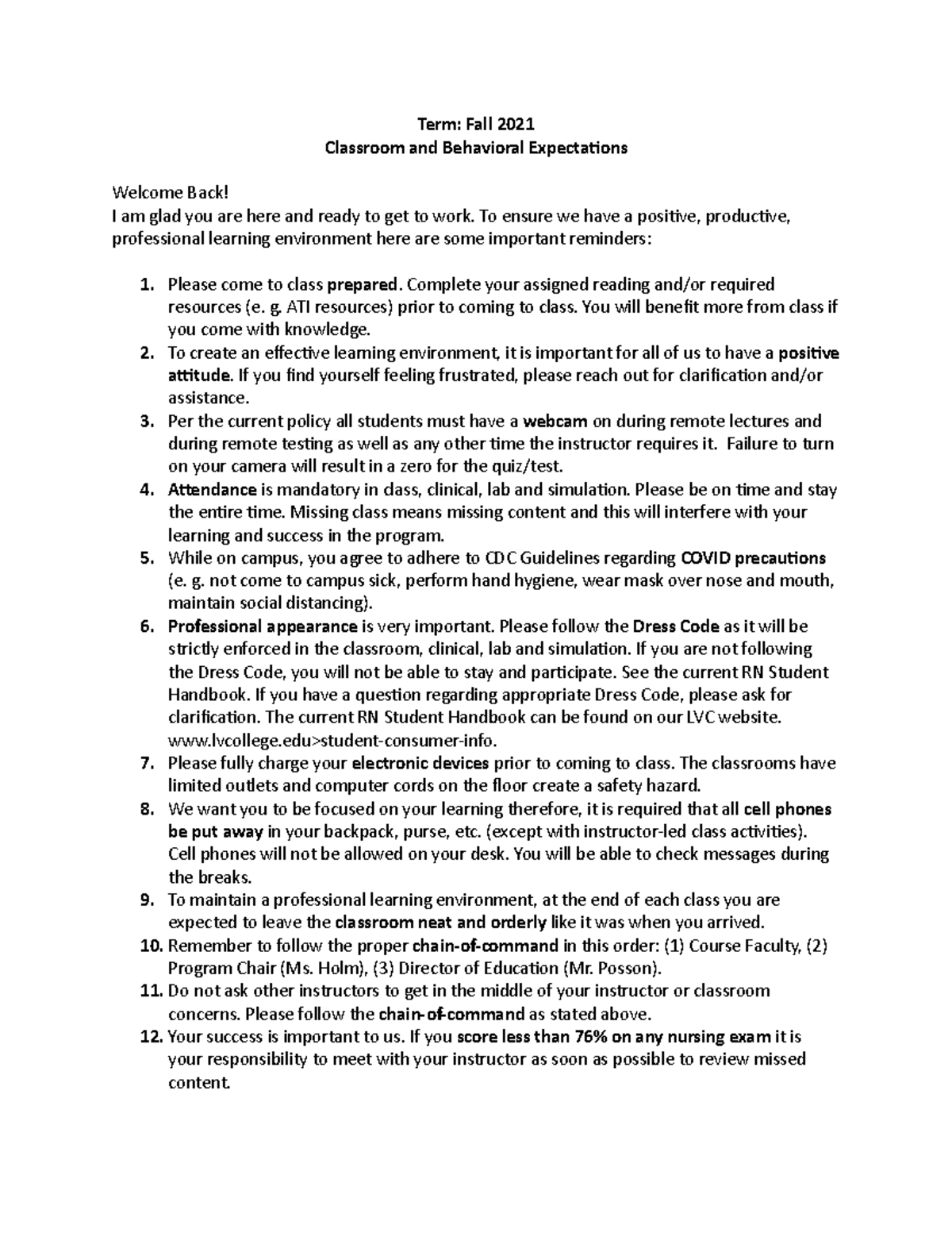 Fall 2021 Classroom and Behavioral Expectations PN IV course - Term ...