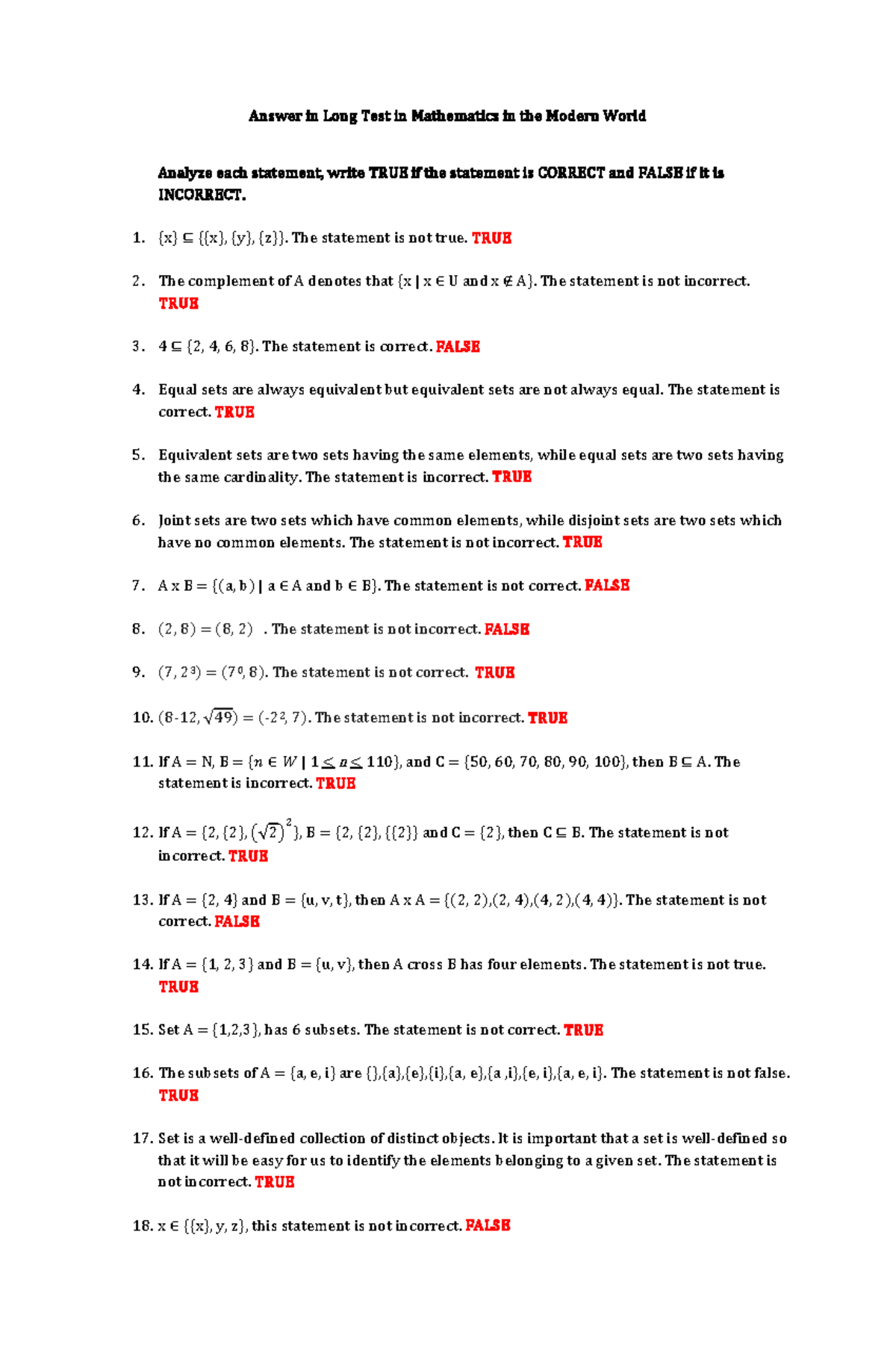 Answer IN LONG TEST - Answer in Long Test in Mathematics in the Modern ...