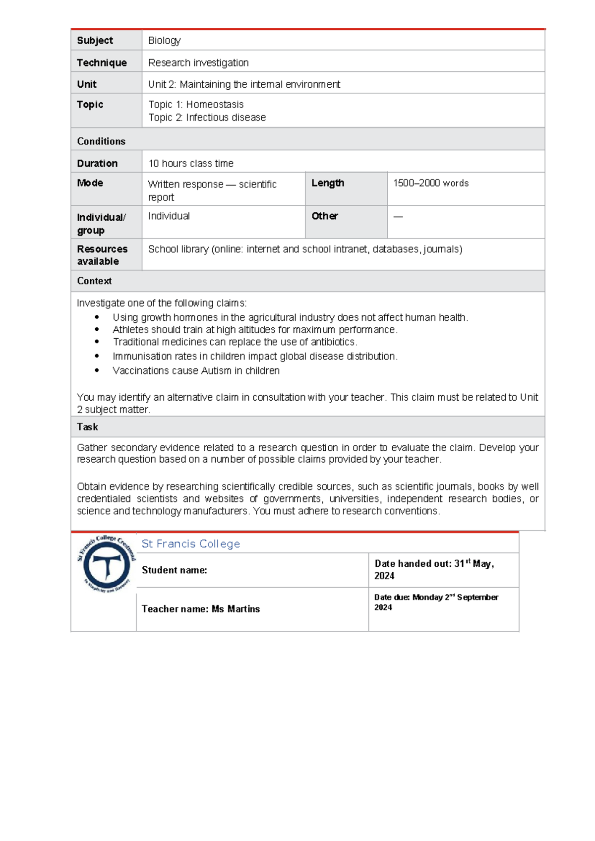 Endorsed 2024 11BIO U2 FA3 Research Investigation - Subject Biology ...