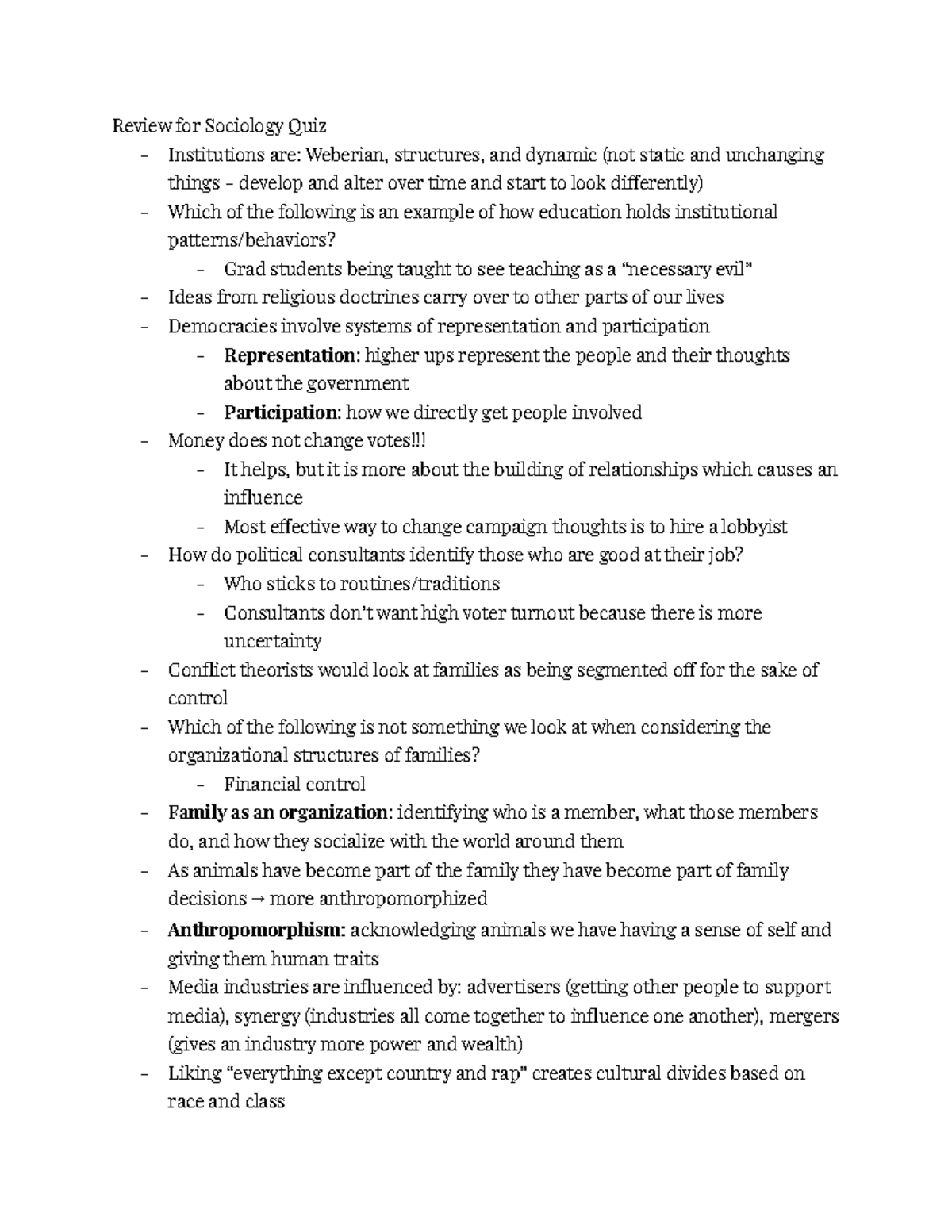 Sociology Quiz 2 Review - Review for Sociology Quiz - Institutions are ...