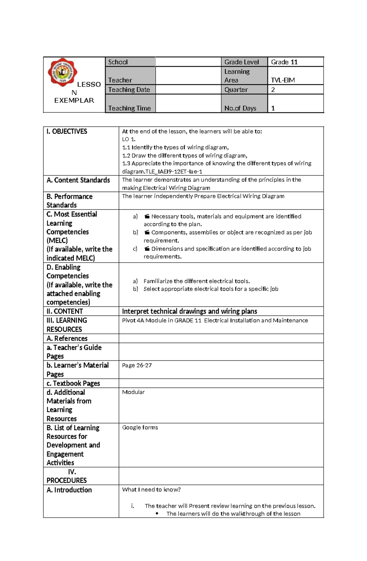 SHS TLE Electrical - SHS MATERIALS - LESSO N EXEMPLAR School Grade ...