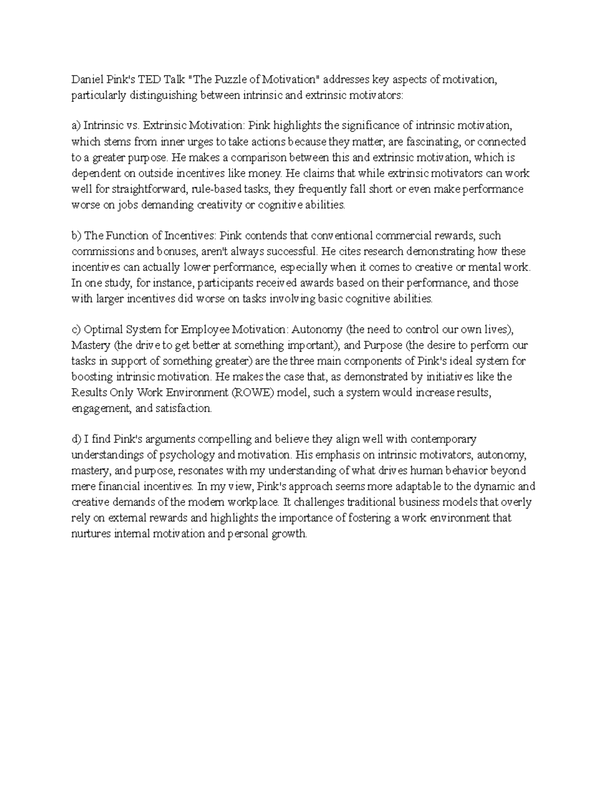 Assignment 5 - Daniel Pink's TED Talk "The Puzzle of Motivation ...