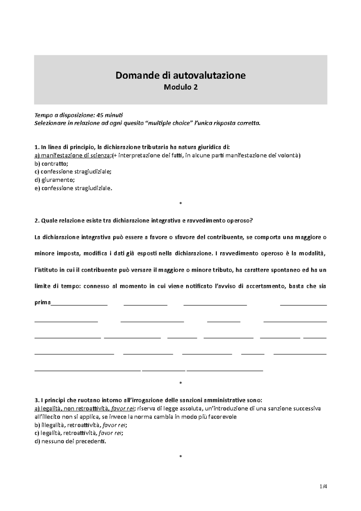 Test DT1 Unidp Modulo II - Domande di autovalutazione Modulo 2 Tempo a ...