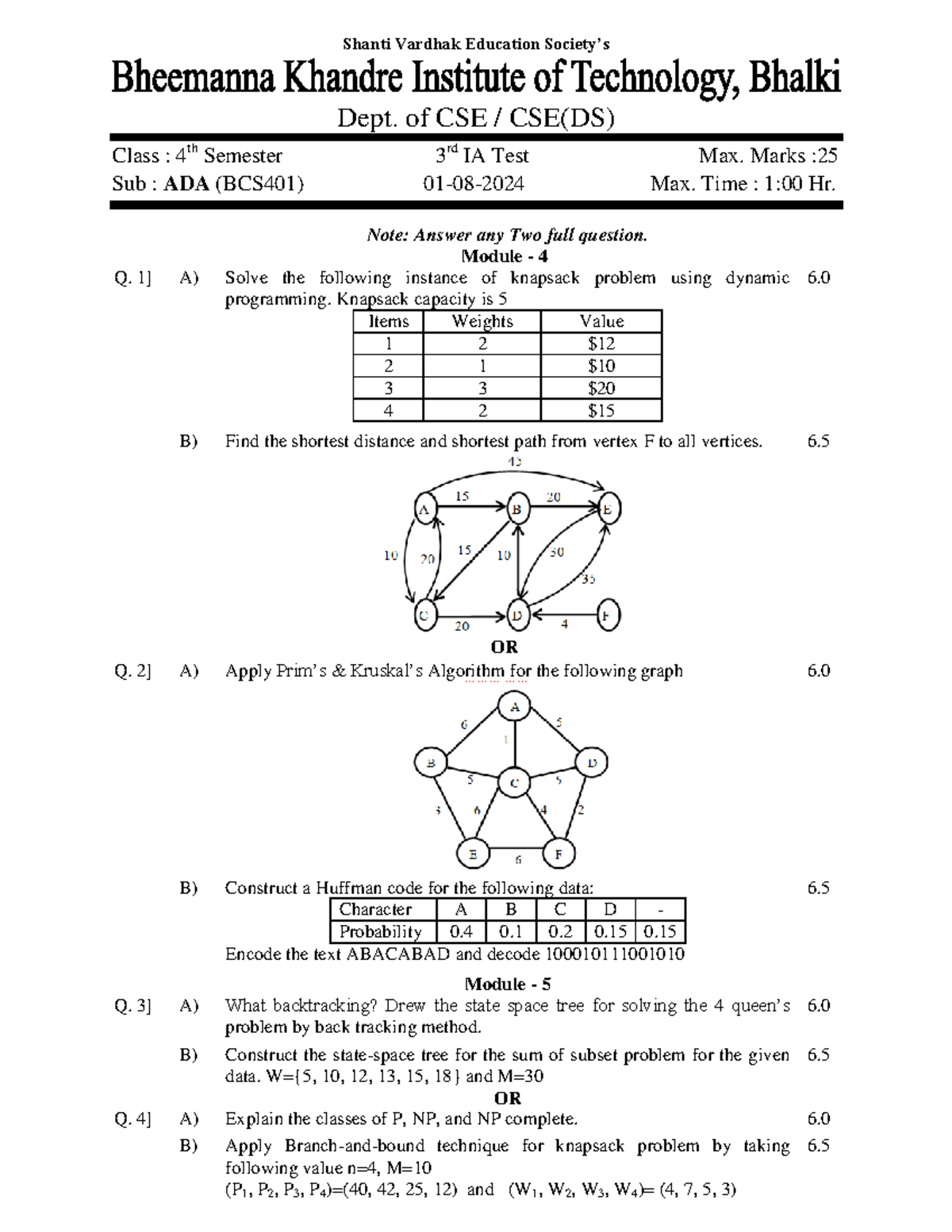3 IA Question Paper ADA (BCS401) - Shanti Vardhak Education Society’s ...