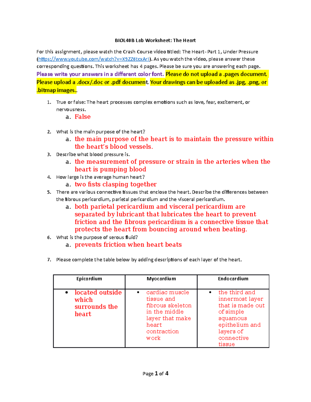 Lab Worksheet The Heart - As you watch the video, please answer these ...