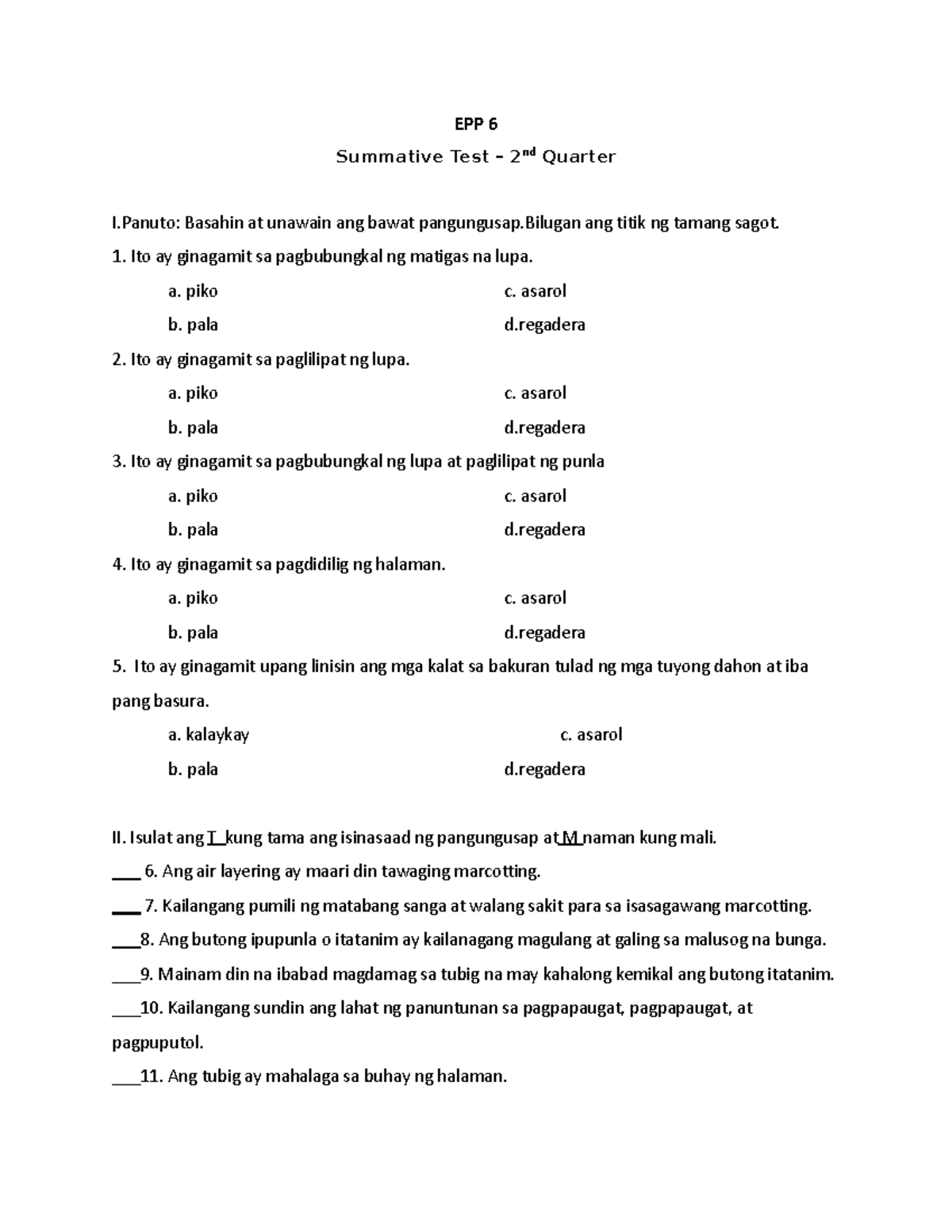 ST EPP-6 Q2 - EPP 6 - EPP 6 Summative Test – 2nd Quarter I: Basahin at ...
