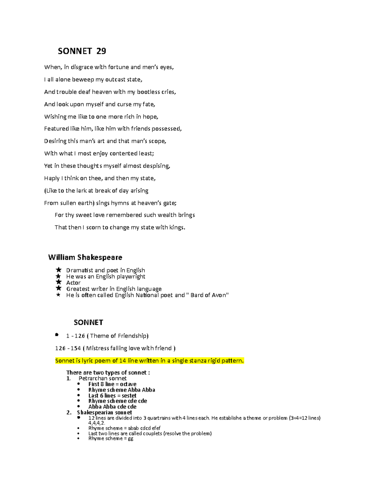 1stsemwayswithwordssonnet 29 - SONNET 29 When, in disgrace with fortune ...