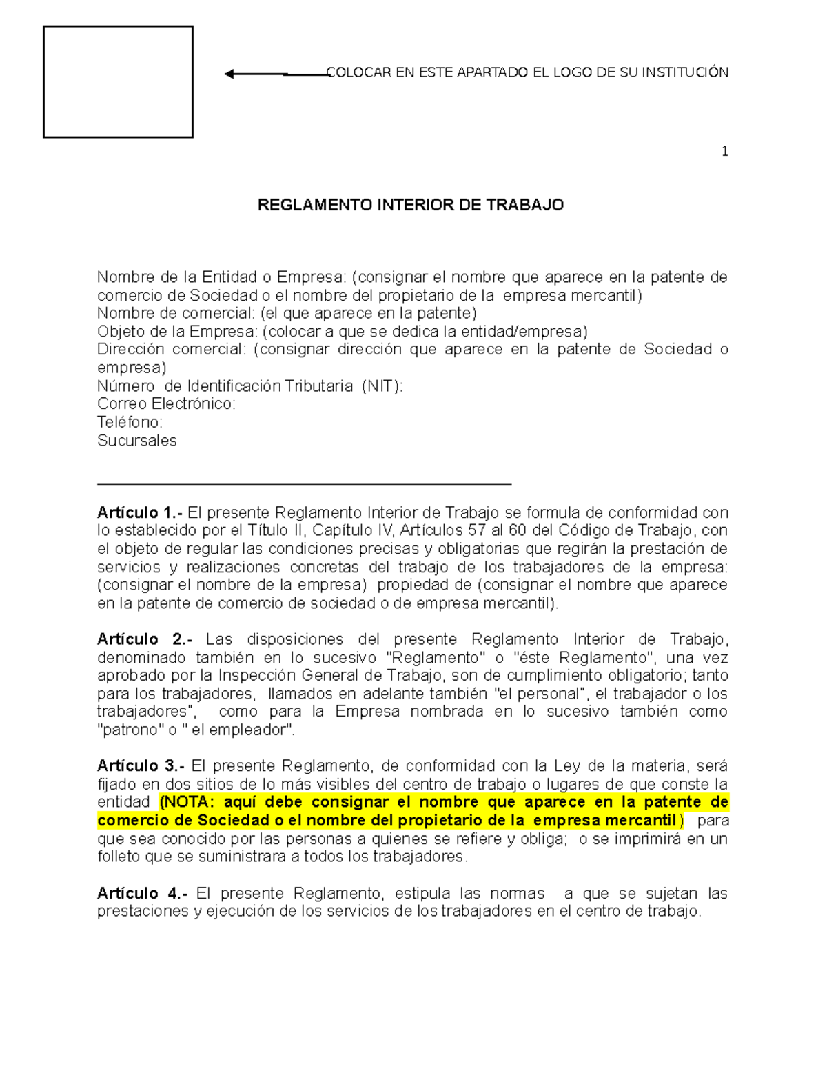 Reglamento Interior de Trabajo, Machote Ministerio de Trabajo - 1 ...