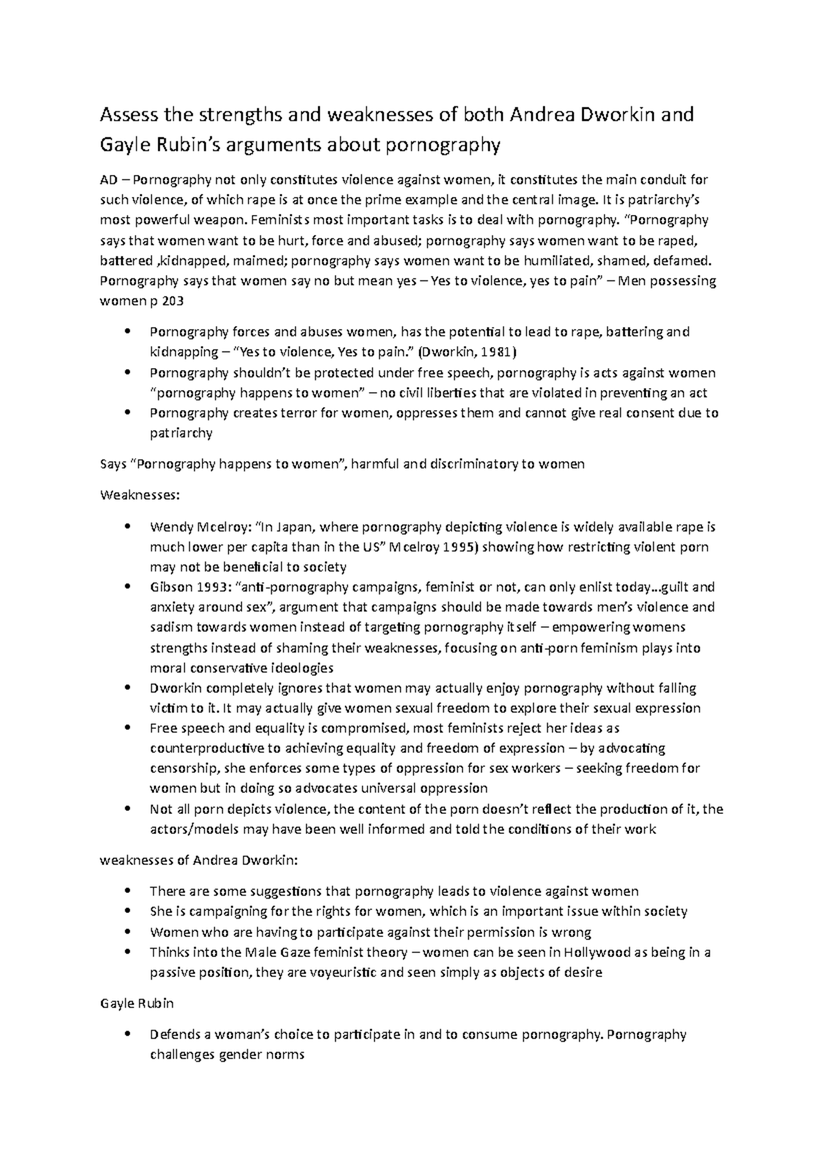 Assess the strengths and weaknesses of both Andrea Dworkin and Gayle ...